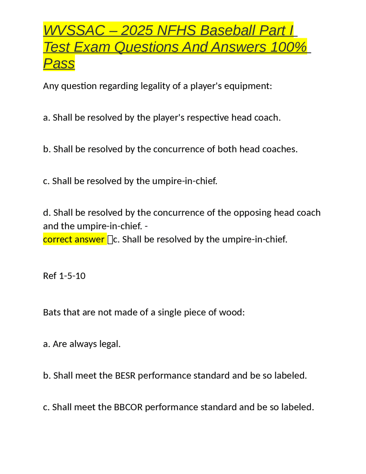 WVSSAC – 2025 NFHS Baseball Part I Test Exam Questions And Answers 100% ...