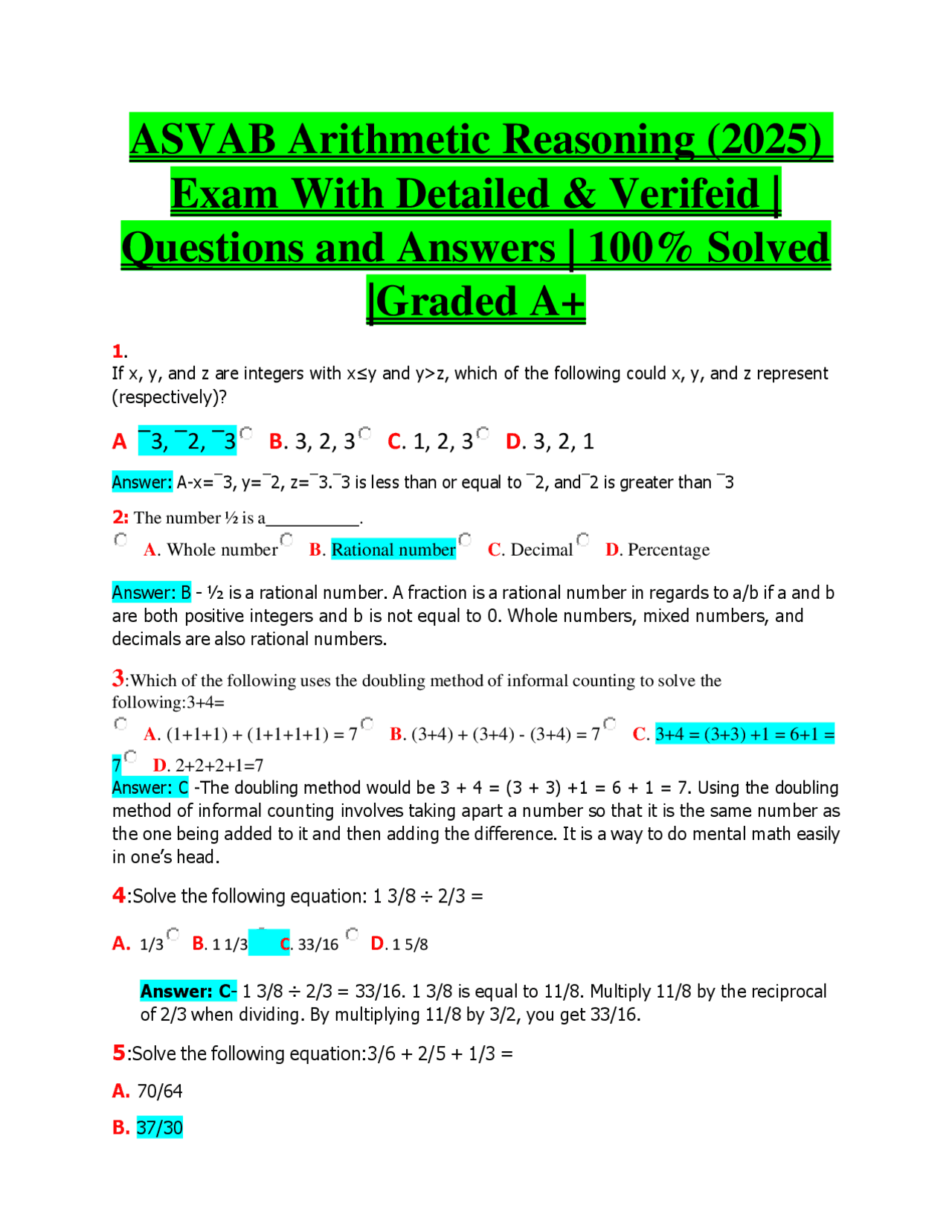 ASVAB Arithmetic Reasoning (2025) Exam With Detailed & Verifeid ...