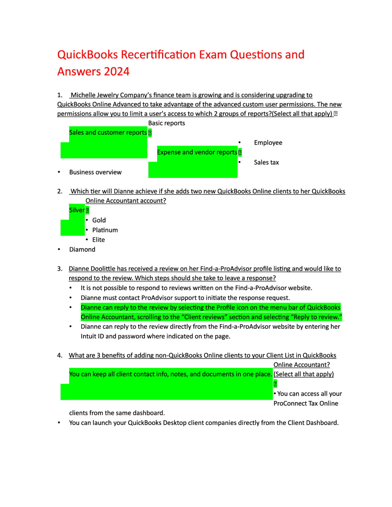 QuickBooks Recertification Exam Questions and Answers 2024 | Exams ...