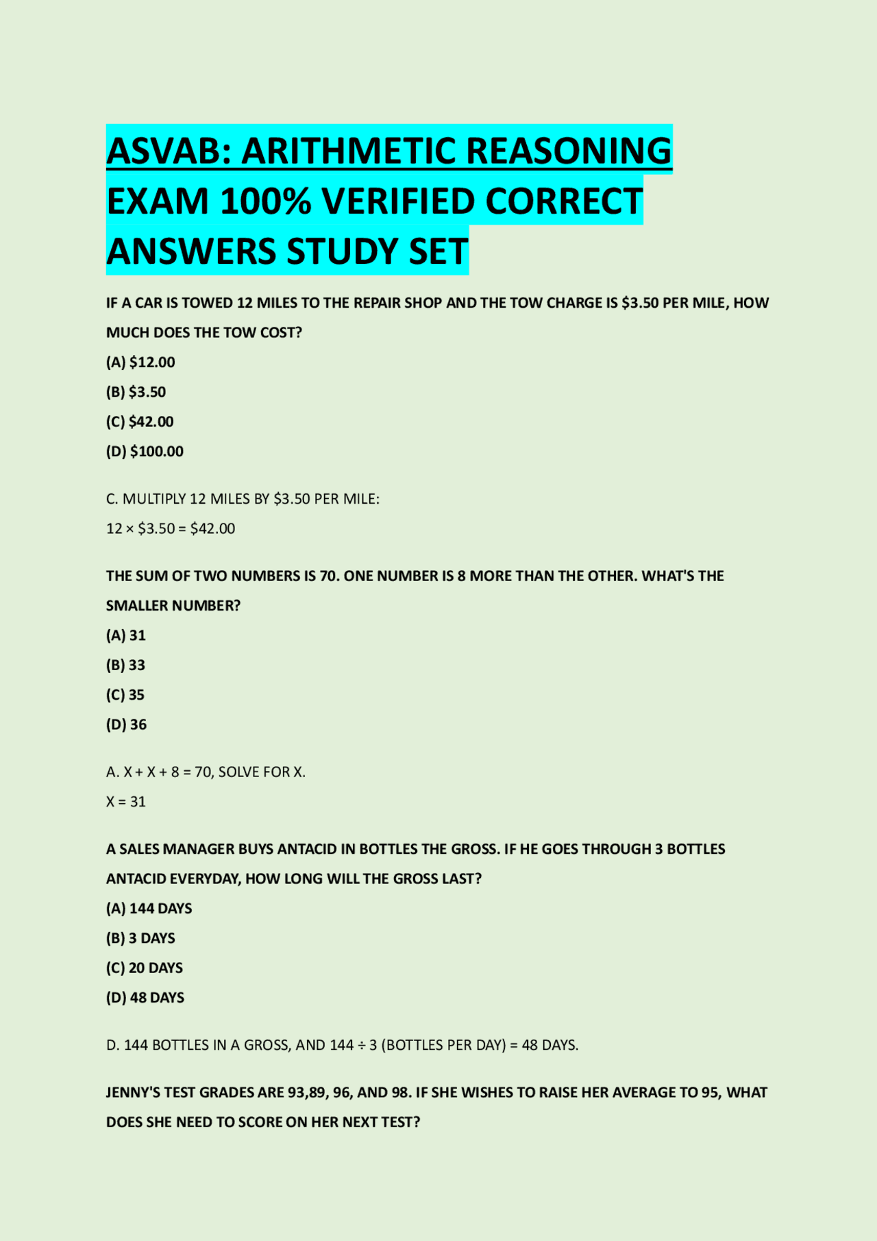 ASVAB: ARITHMETIC REASONING EXAM 100% VERIFIED CORRECT ANSWERS STUDY ...