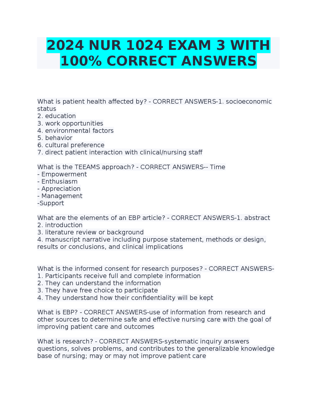 NUR 1024 Exam 3: Key Concepts and Practice Questions | Exams Advanced ...