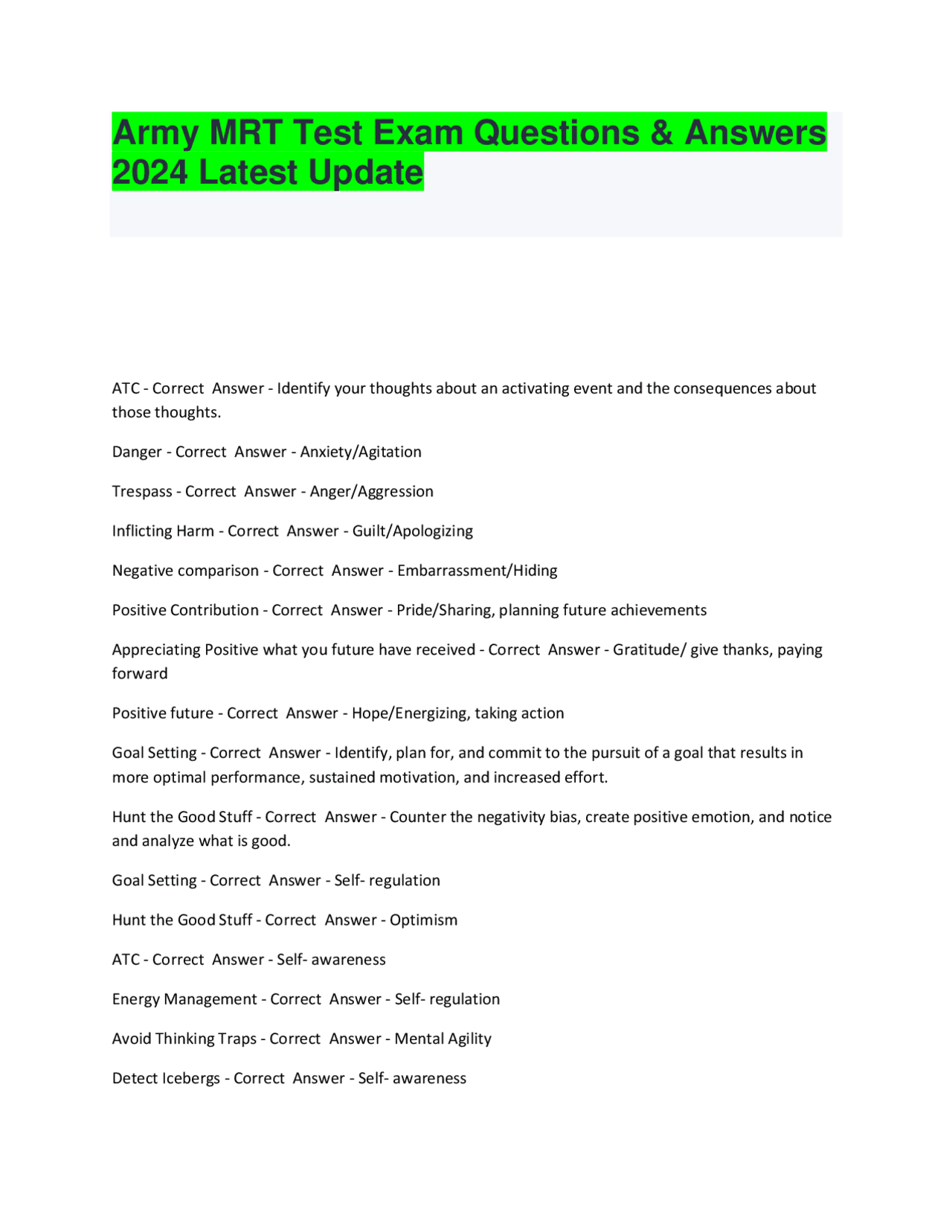 Army MRT Test Exam Questions & Answers: 2024 Latest Update | Exams ...