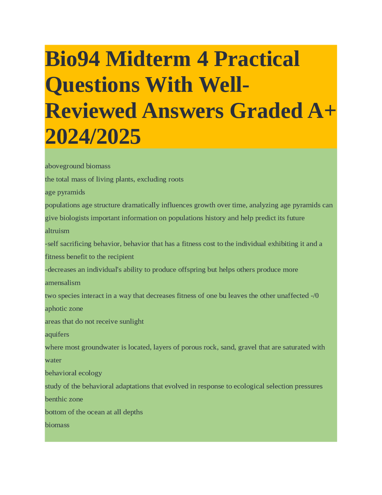 Bio94 Midterm 4 Practical: Questions and Answers | Exercises Biology | Docsity