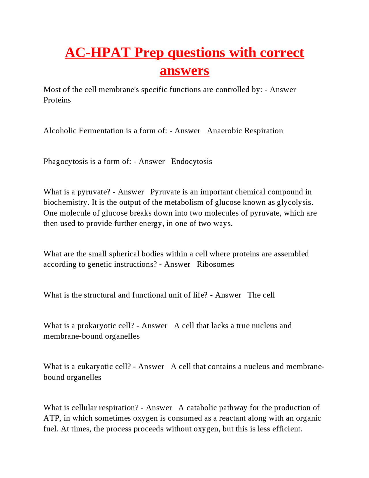 AC-HPAT Prep Questions and Answers: Biology | Exams Engineering | Docsity