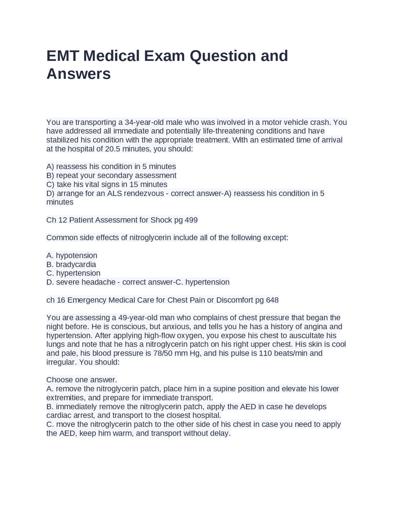 EMT Medical Exam Questions and Answers | Exams Advanced Education | Docsity