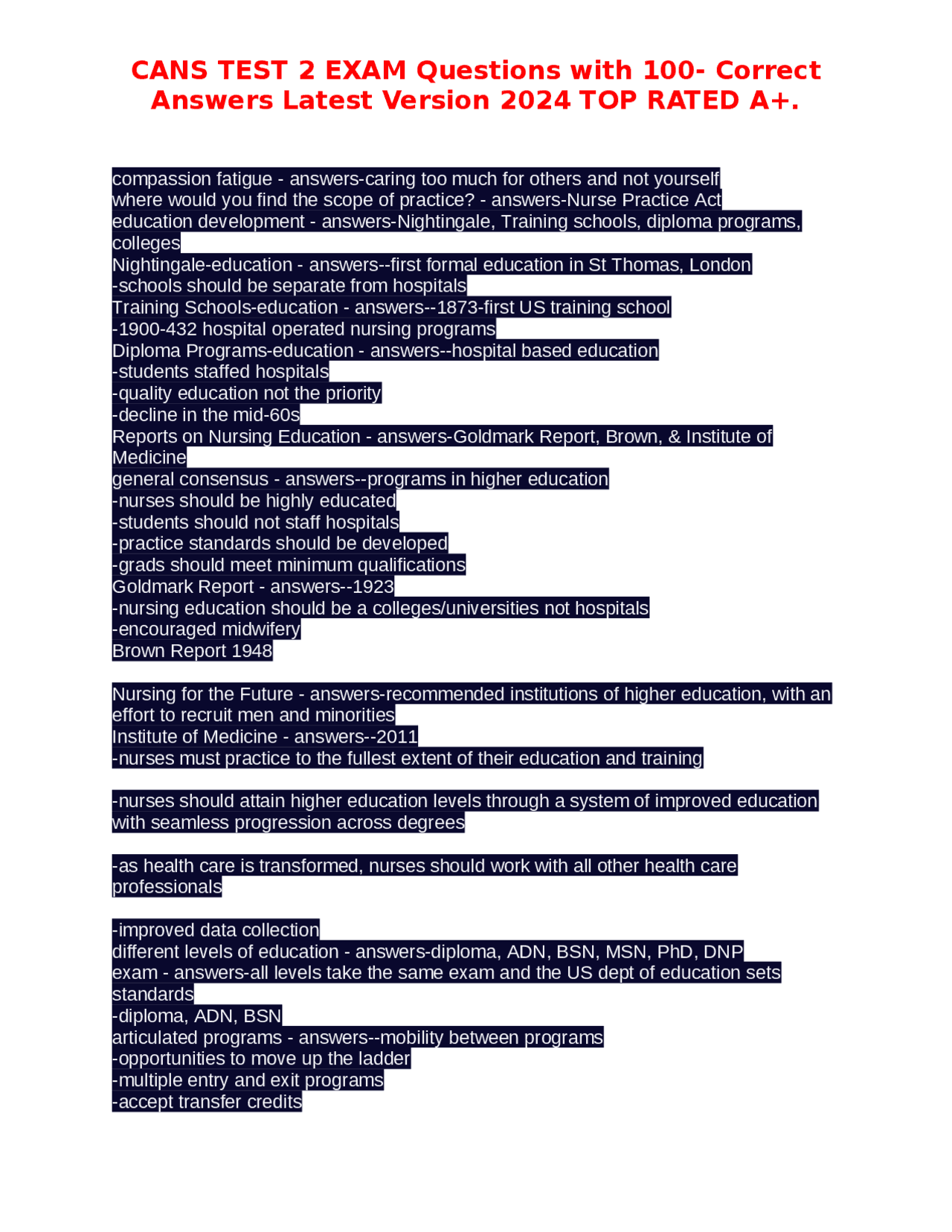 CANS TEST 2 EXAM Questions with 100- Correct Answers Latest Version ...