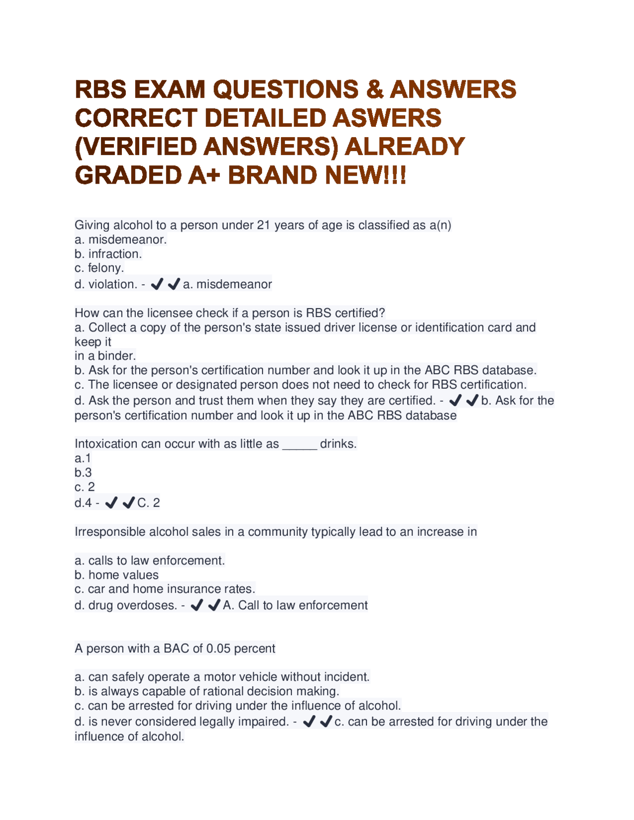 RBS Exam Questions & Answers: Alcohol Sales and Service | Exams ...
