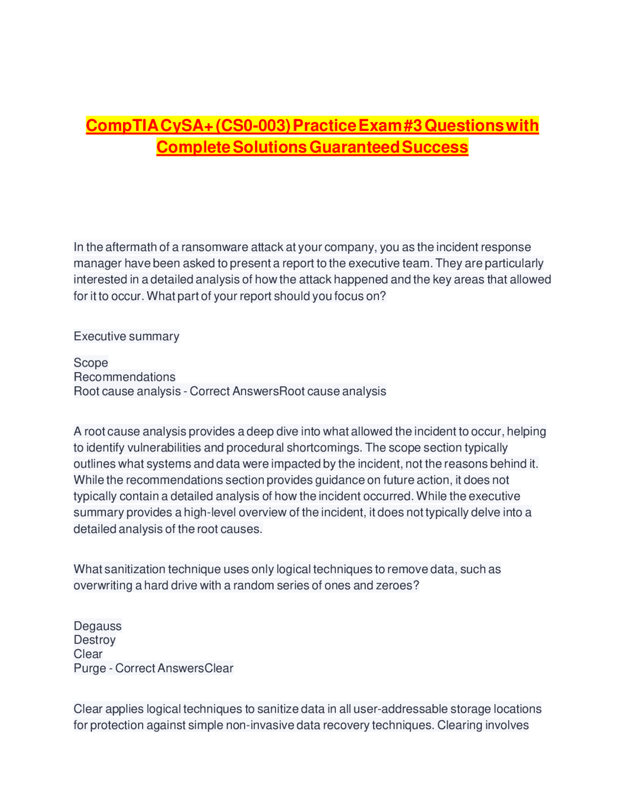 CompTIA CySA+ (CS0-003) Practice Exam #3: Questions & Solutions | Exams ...