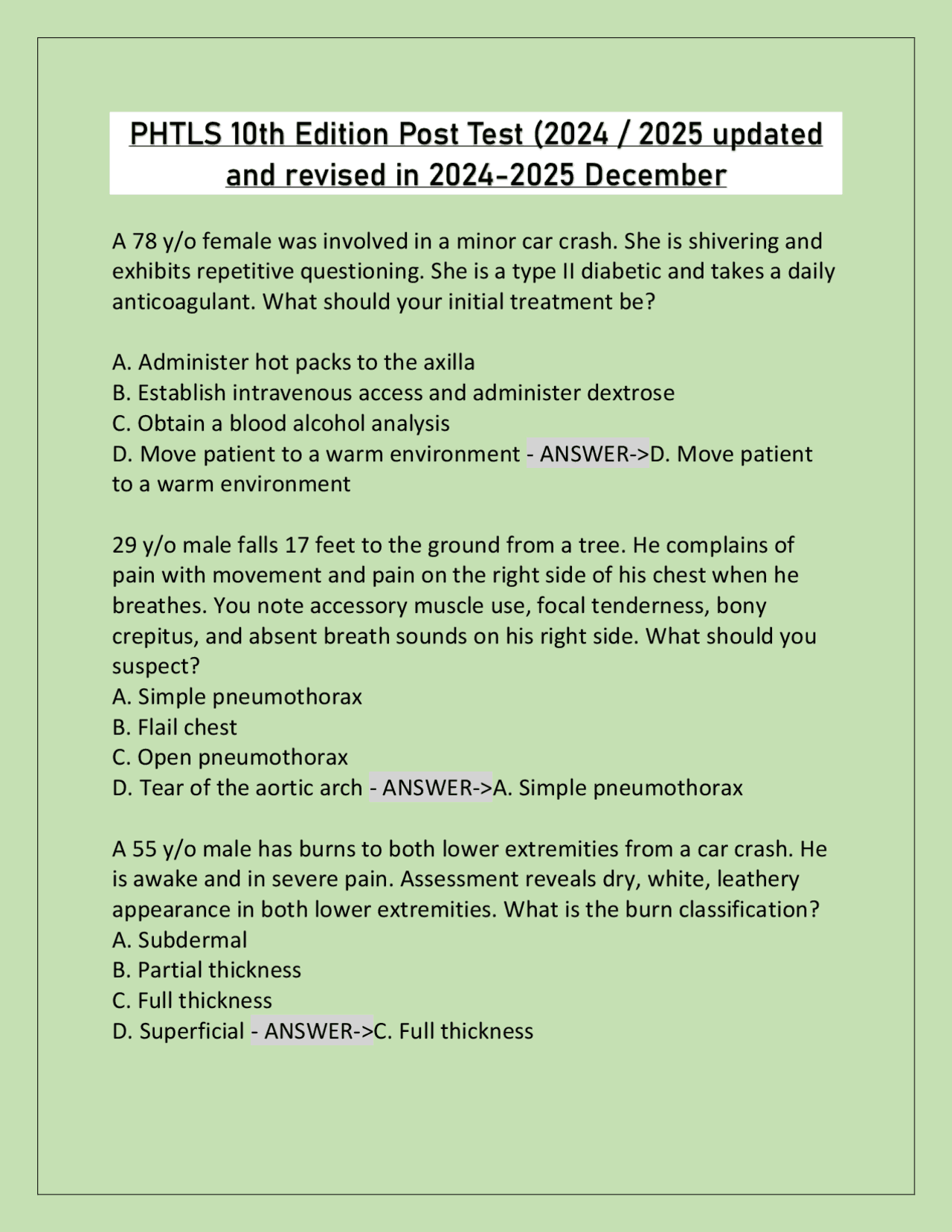 PHTLS 10th Edition Post Test (2024 2025 updated and revised in 2024 ...