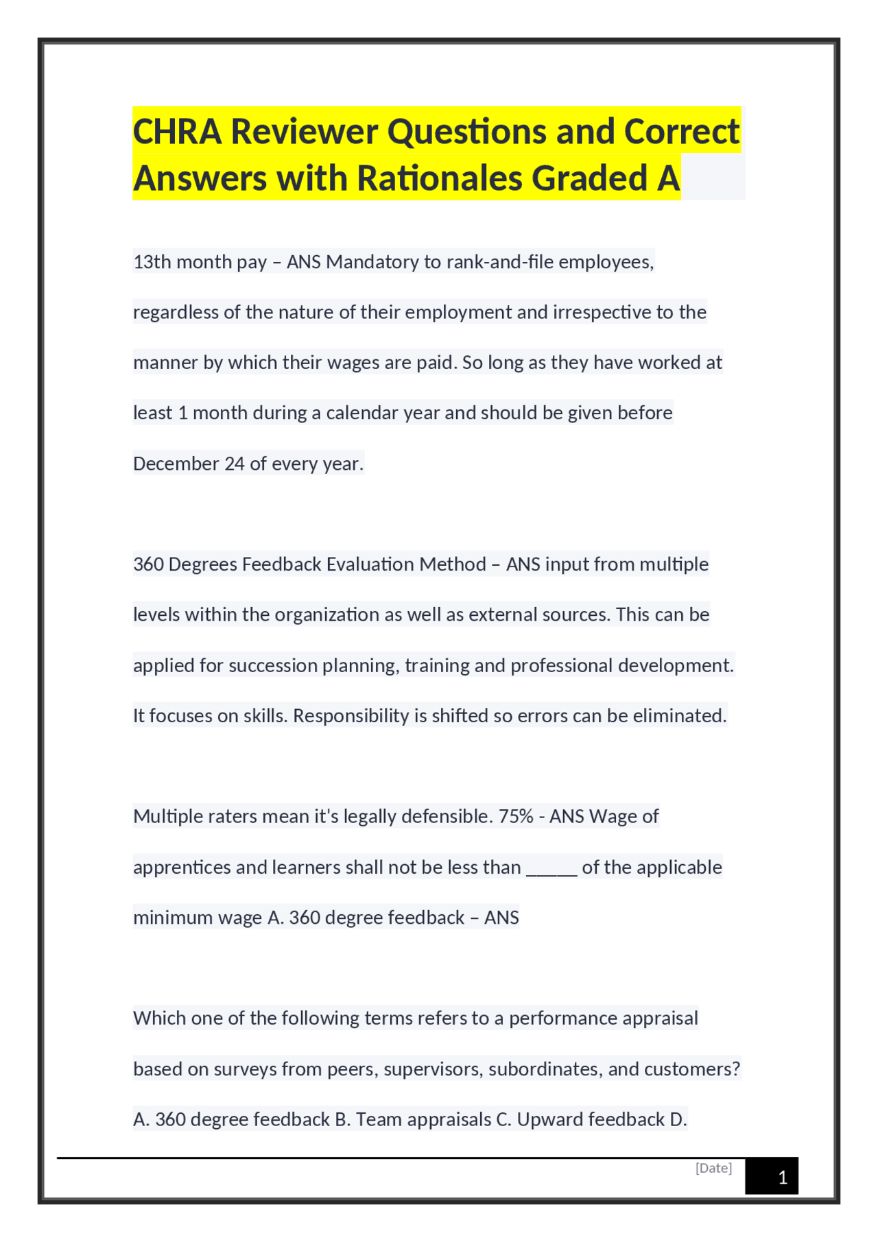 CHRA Reviewer Questions and Correct Answers with Rationales Graded A ...