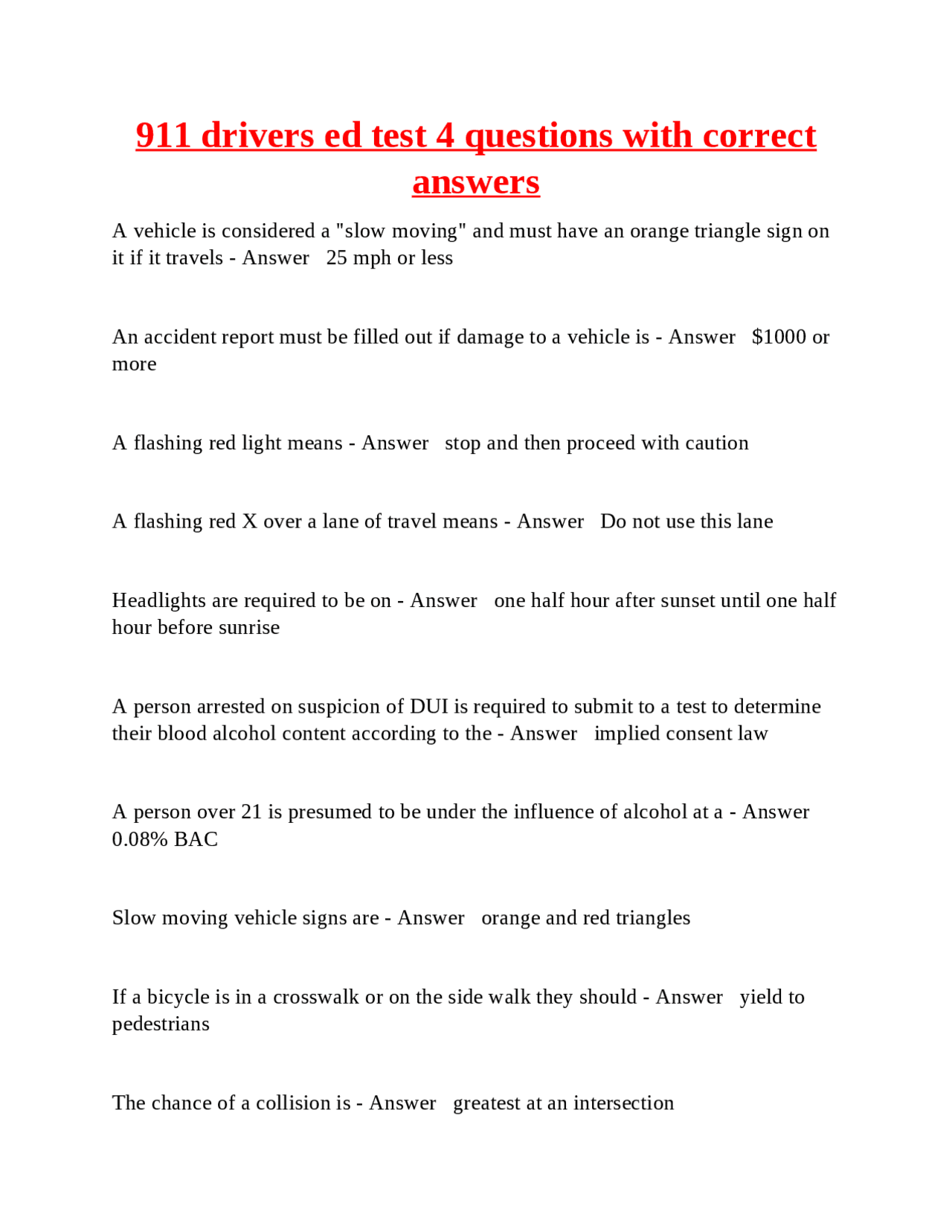 911 Drivers Ed Test 4 Questions with Correct Answers | Exams Law | Docsity