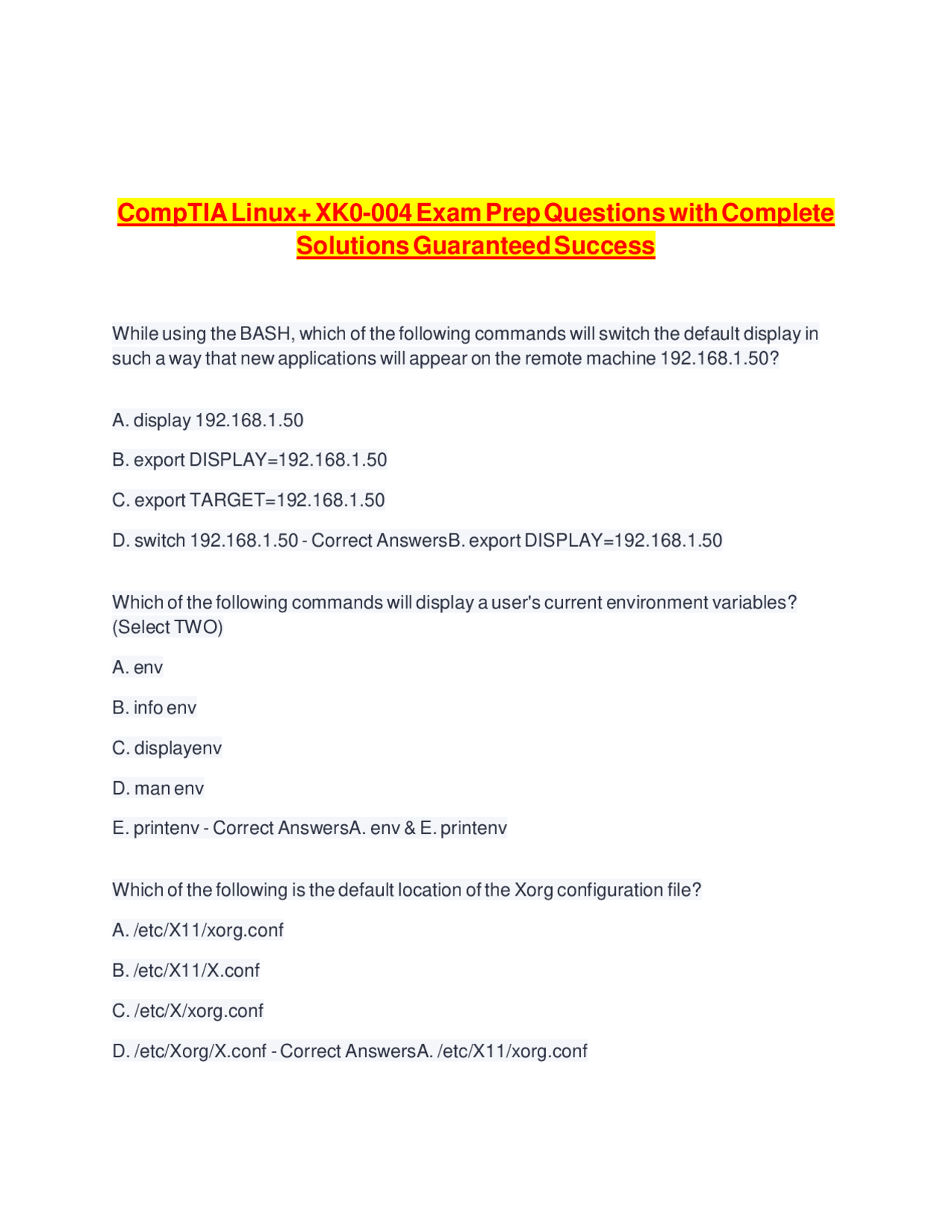 CompTIA Linux+ XK0-004 Exam Prep Questions and Answers | Exams Nursing ...
