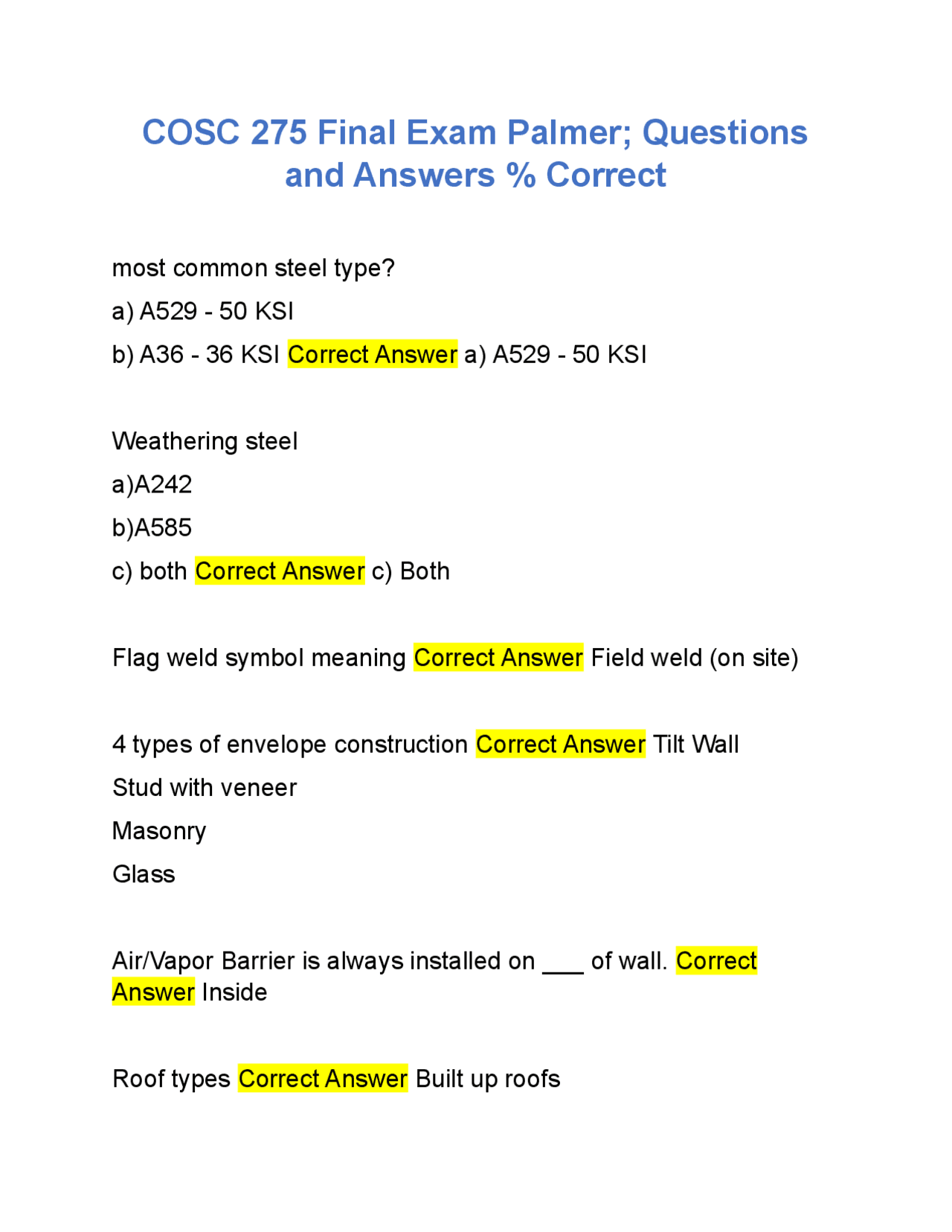 COSC 275 Final Exam: Construction and Building Materials | Exams Advanced Education | Docsity