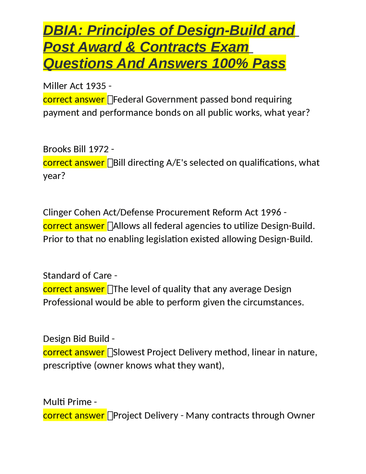 DBIA: Principles of Design-Build and Post Award & Contracts Exam ...