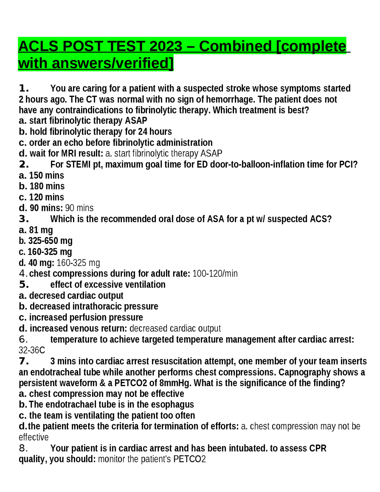 ACLS POST TEST 2023 – Combined [complete with answers/verified] | Exams ...