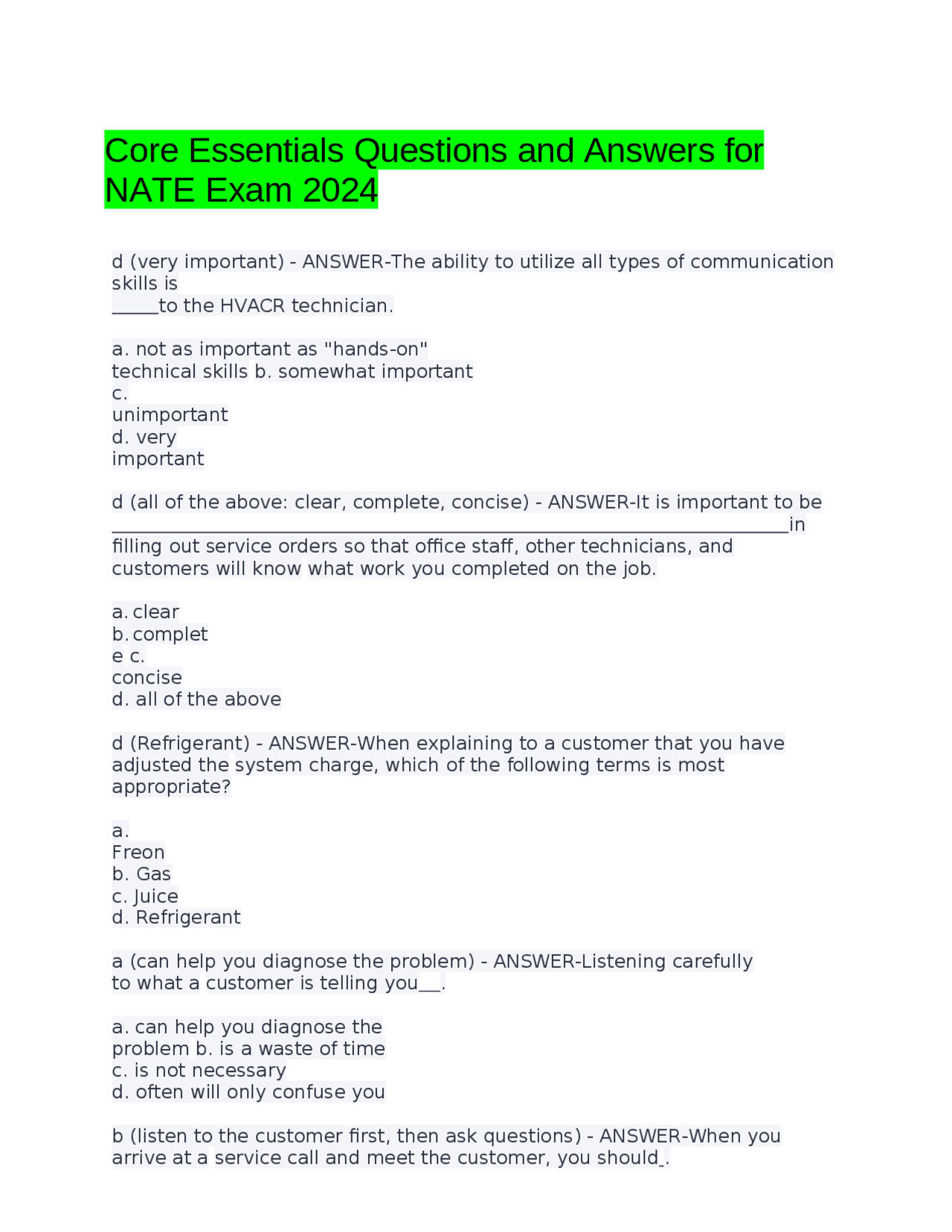 Core Essentials Questions and Answers for NATE Exam 2024 | Exams ...