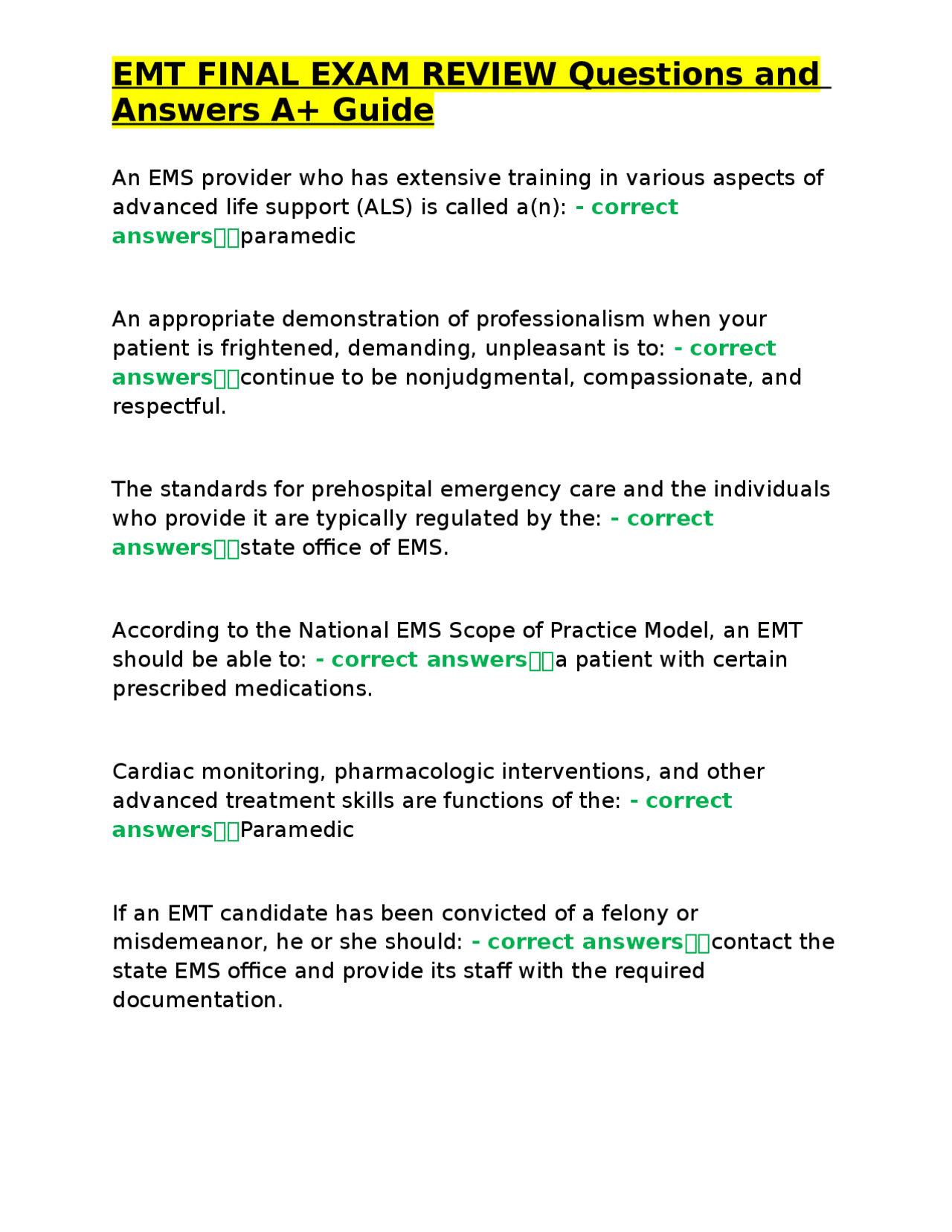 EMT Final Exam Review: Questions and Answers | Exams Nursing | Docsity