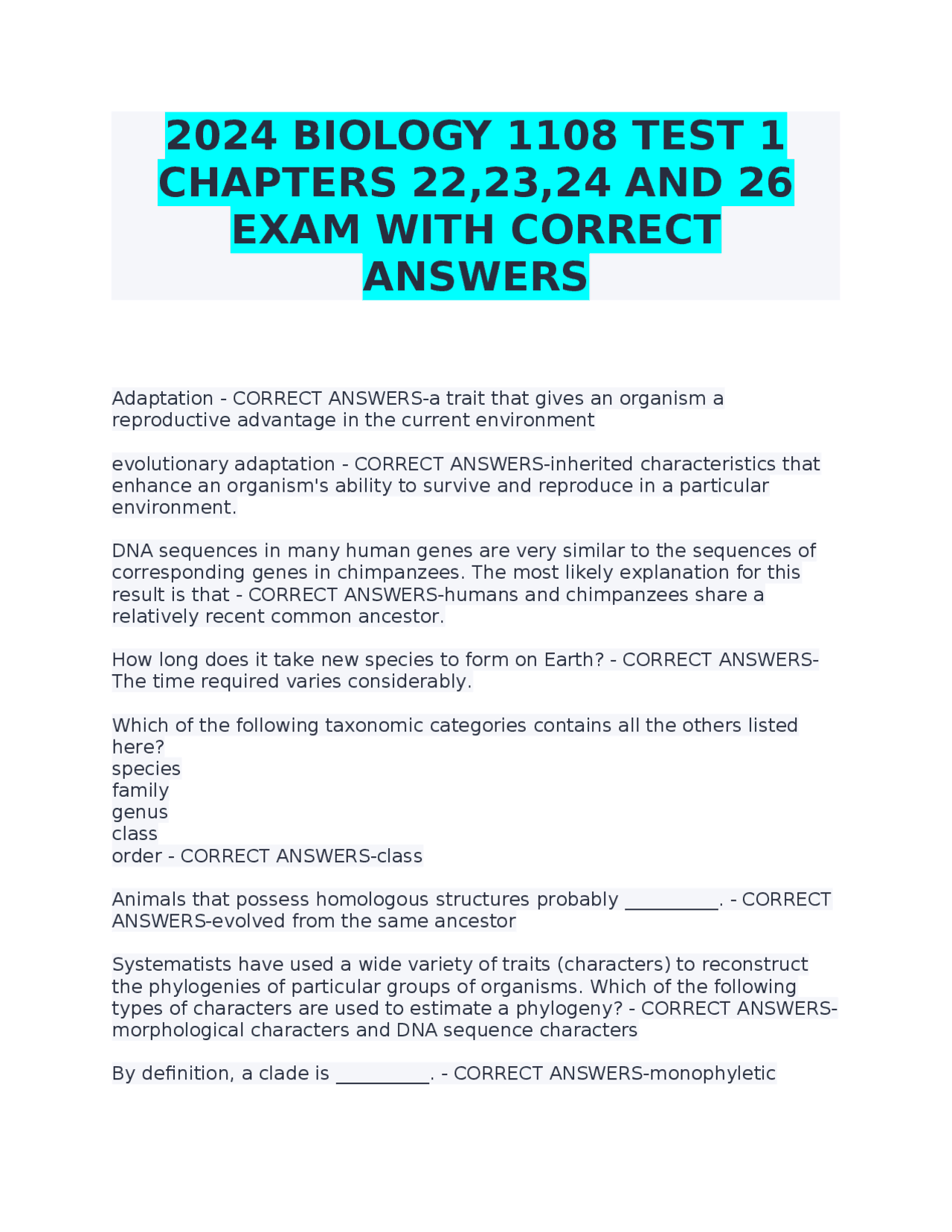 2024 BIOLOGY 1108 TEST 1 CHAPTERS 22,23,24 AND 26 EXAM WITH CORRECT ...