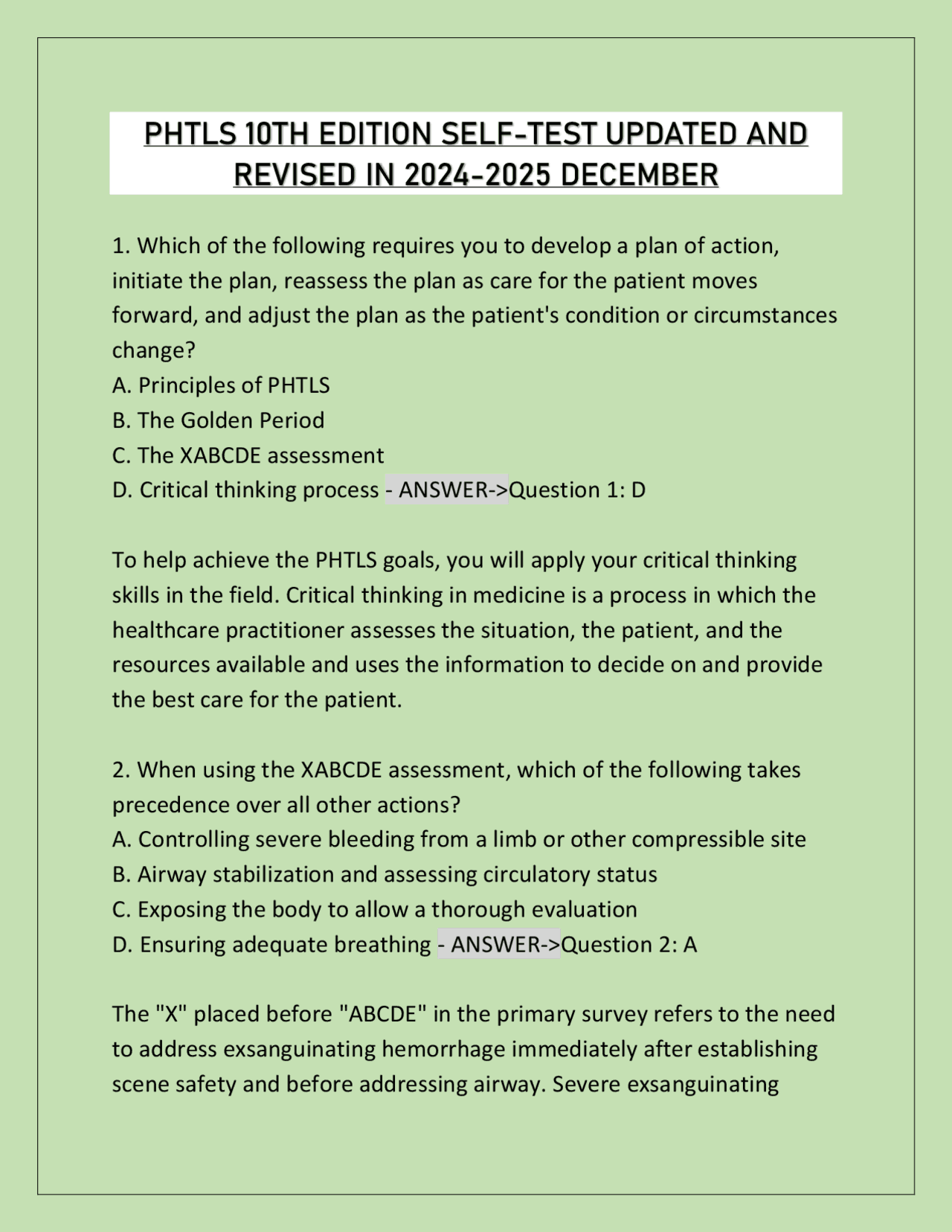 PHTLS 10th Edition Self-Test: Questions and Answers for Prehospital ...