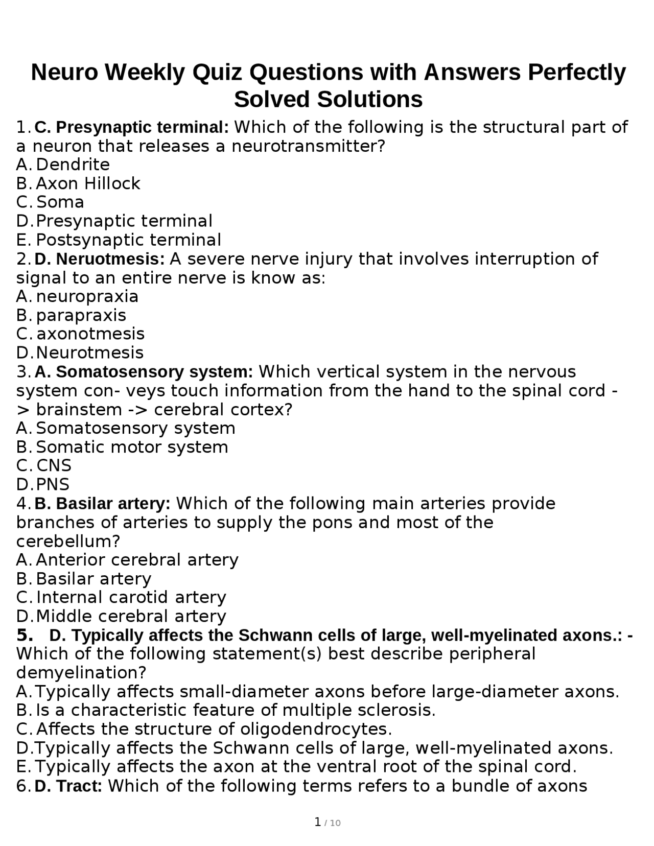 Neurology Weekly Quiz Questions with Answers: A Comprehensive Review of ...