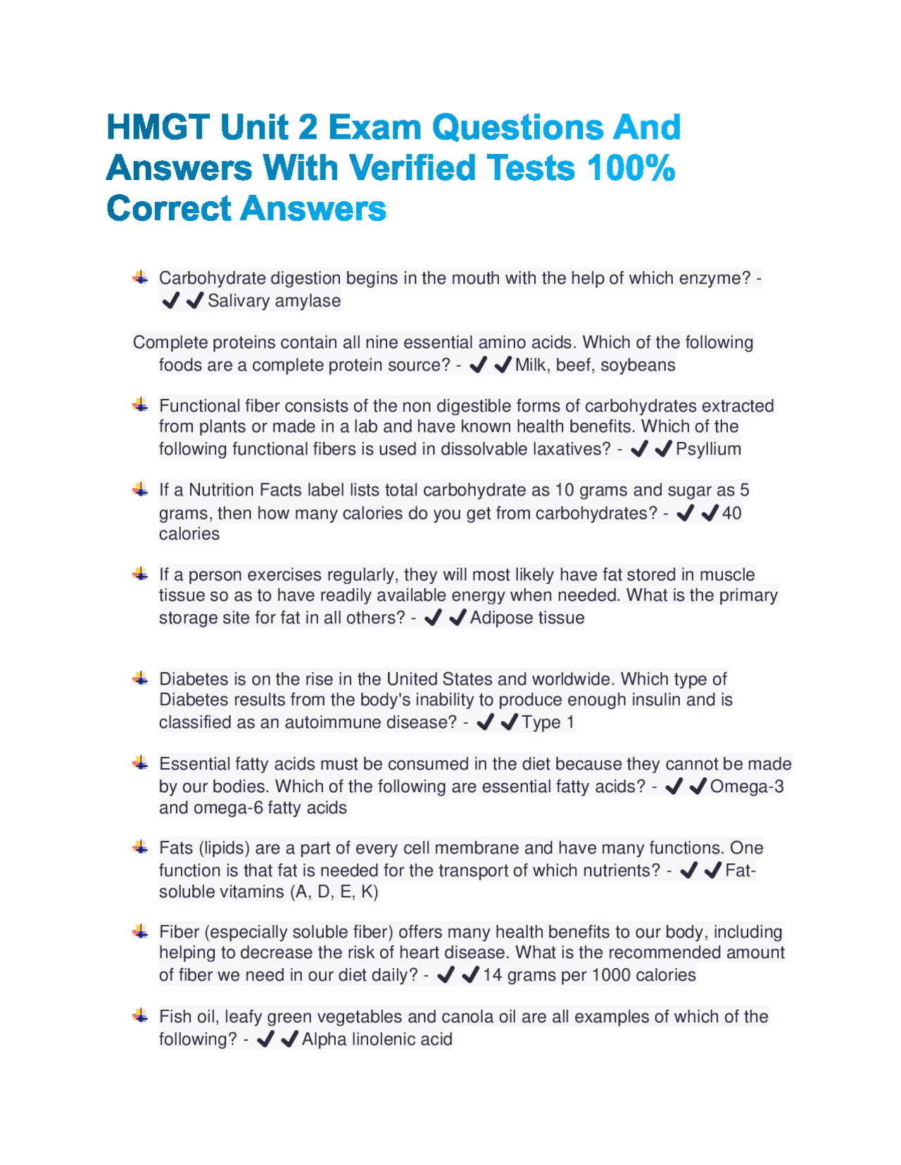 HMGT Unit 2 Exam Questions and Answers: Nutrition Basics | Exams Health ...
