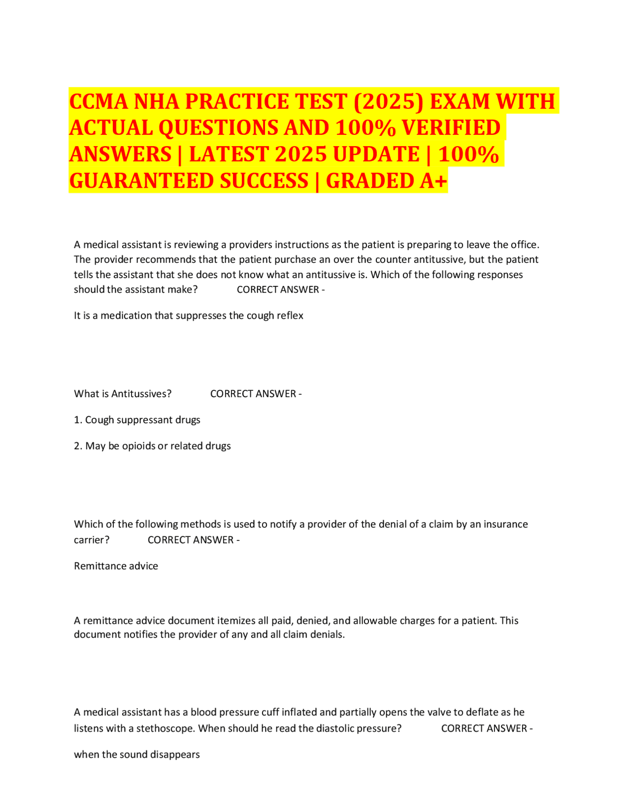 CCMA NHA Practice Test (2025) Exam with Actual Questions and Answers ...