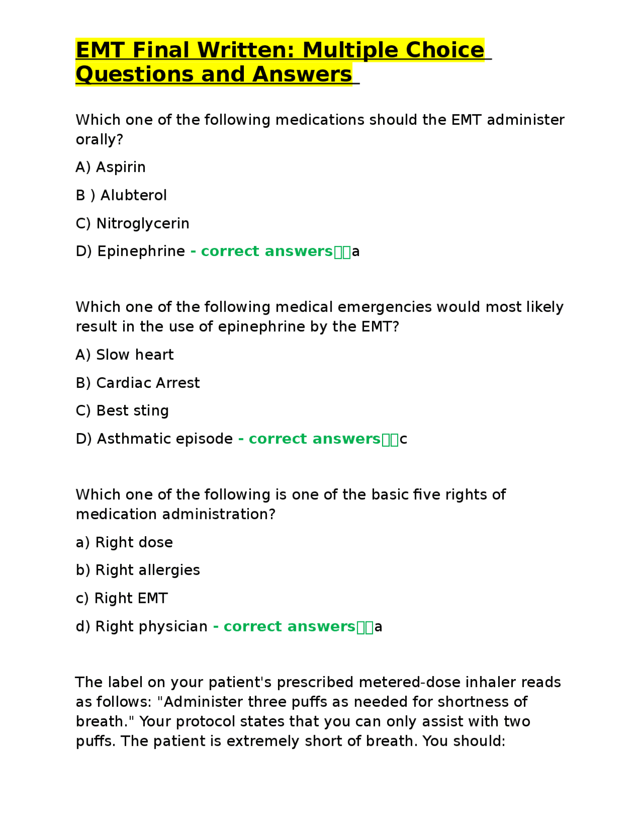 EMT Final Written: Multiple Choice Questions and Answers | Exams Nursing | Docsity