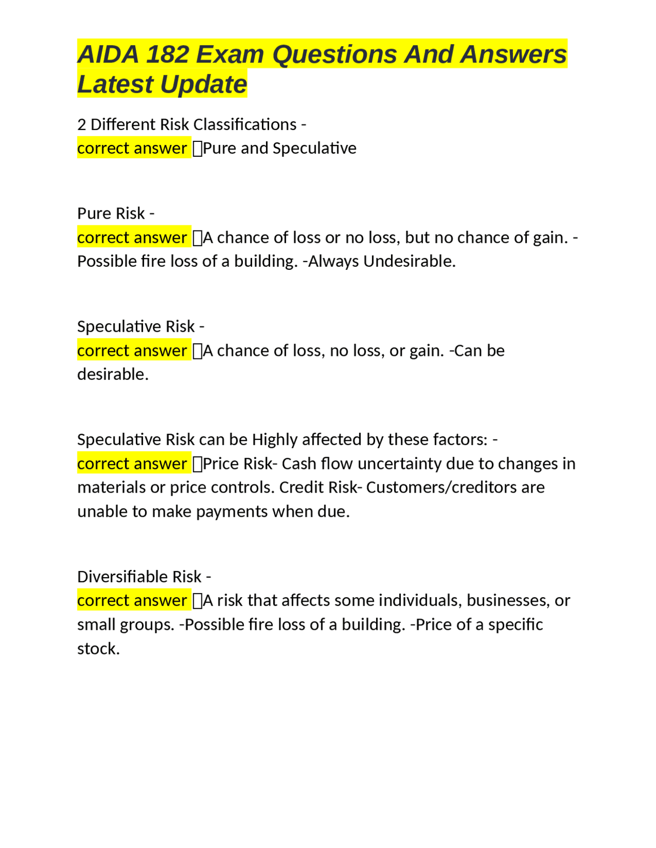 AIDA 182 Exam Questions and Answers: Risk Management Concepts and ...