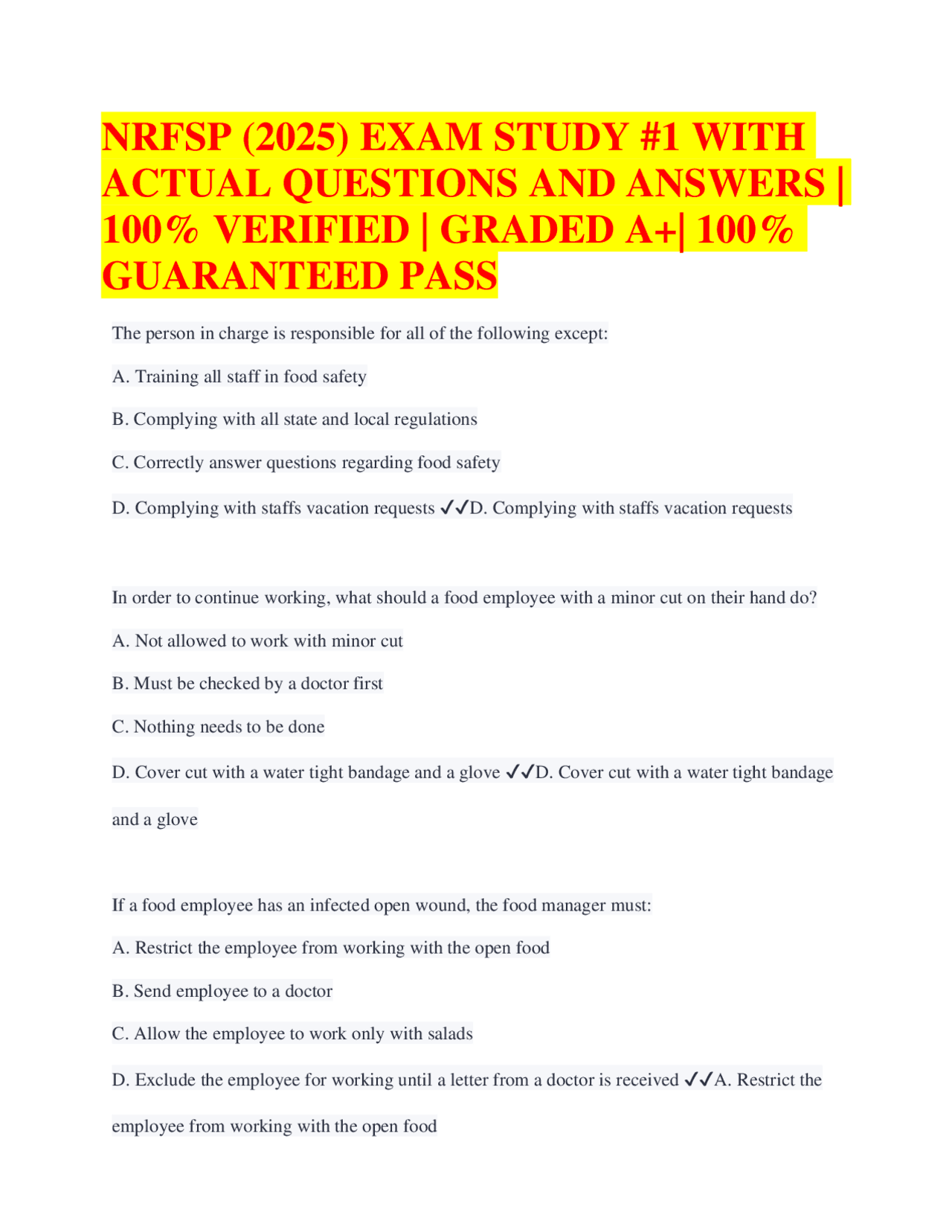 Food Safety Exam Study Guide: Multiple Choice Questions and Answers ...