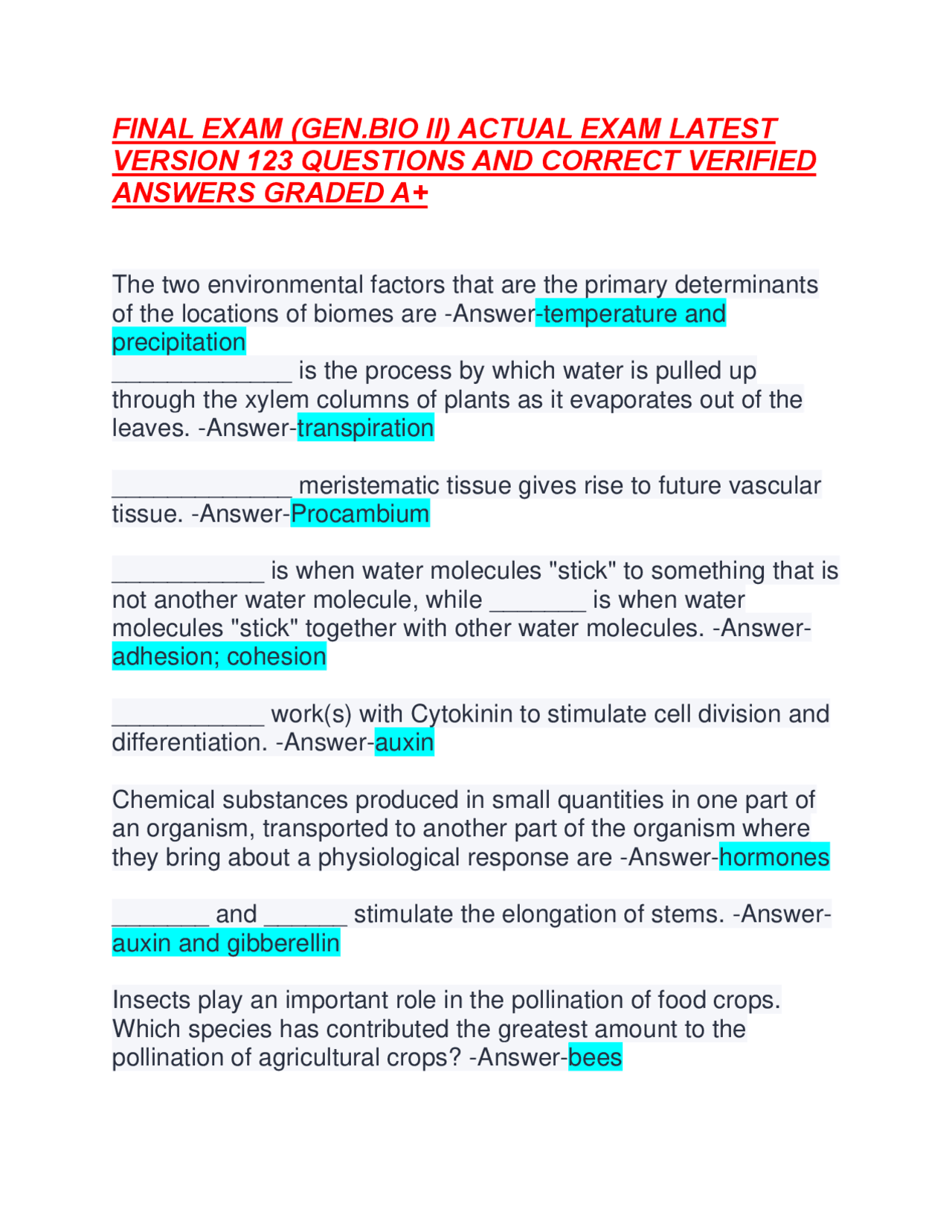 General Biology II Final Exam: Questions and Answers | Exams Public ...