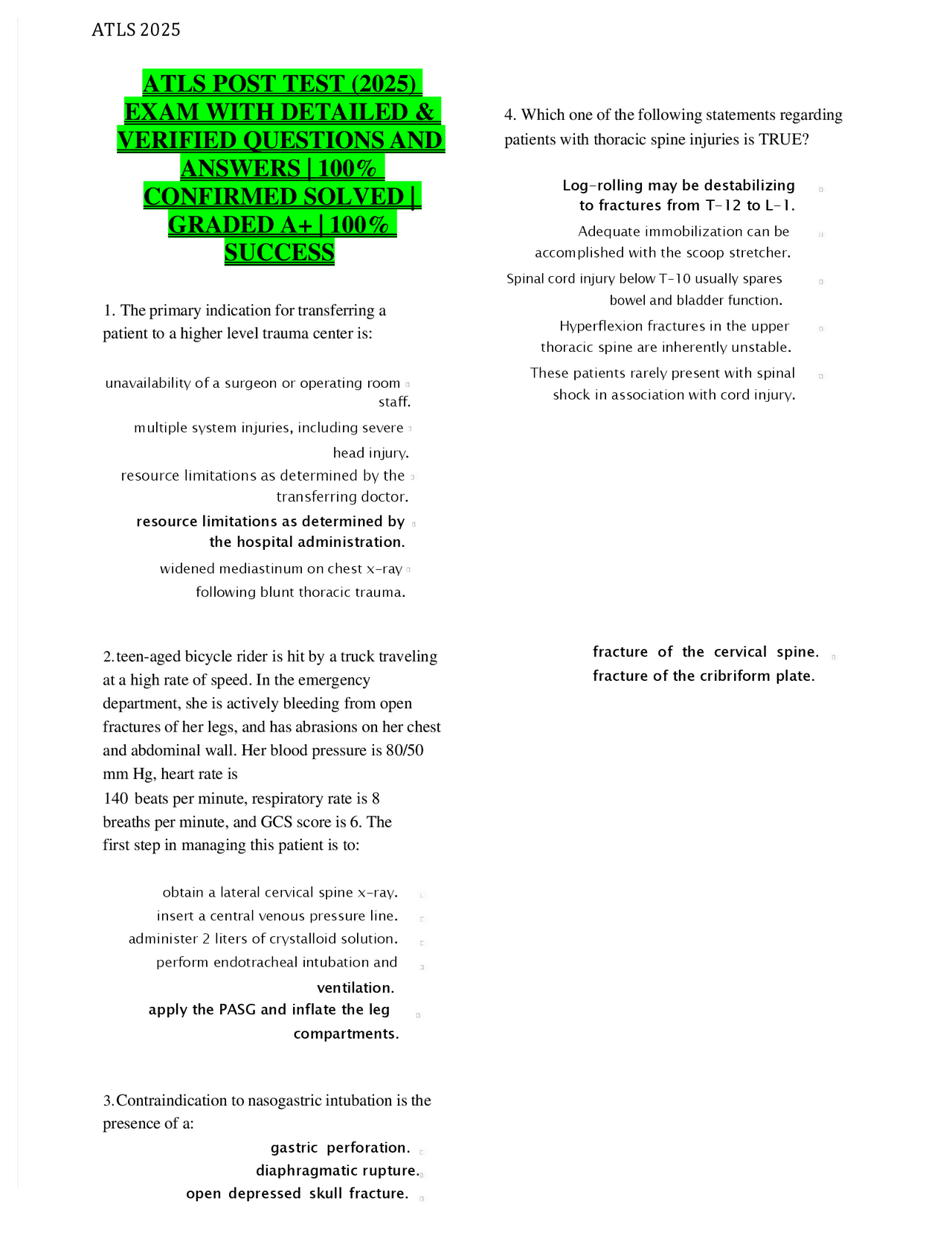 ATLS Post-Test (2025): Multiple Choice Questions and Answers | Exams ...