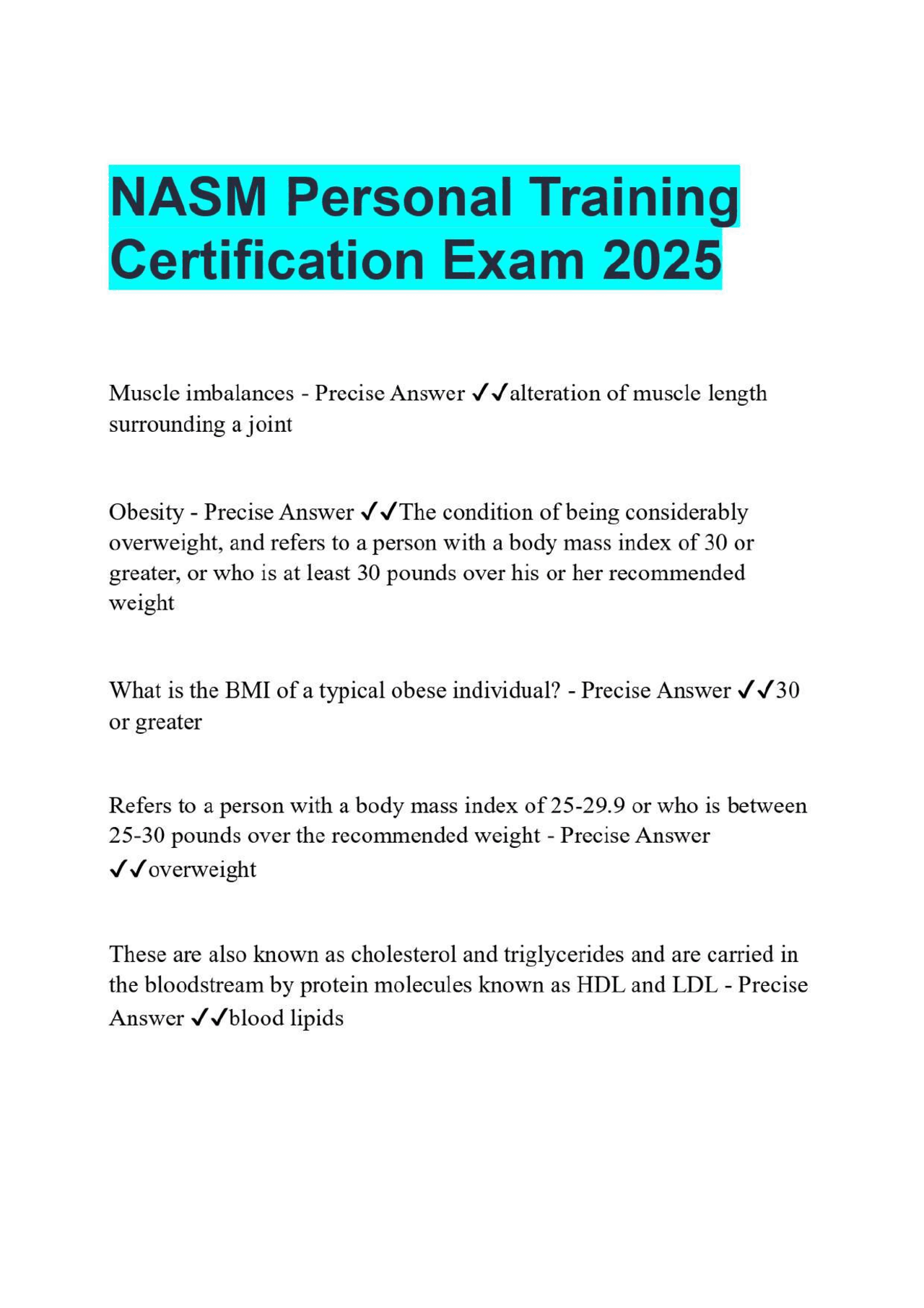 NASM Personal Training Certification Exam 2025 | Exams Nursing | Docsity