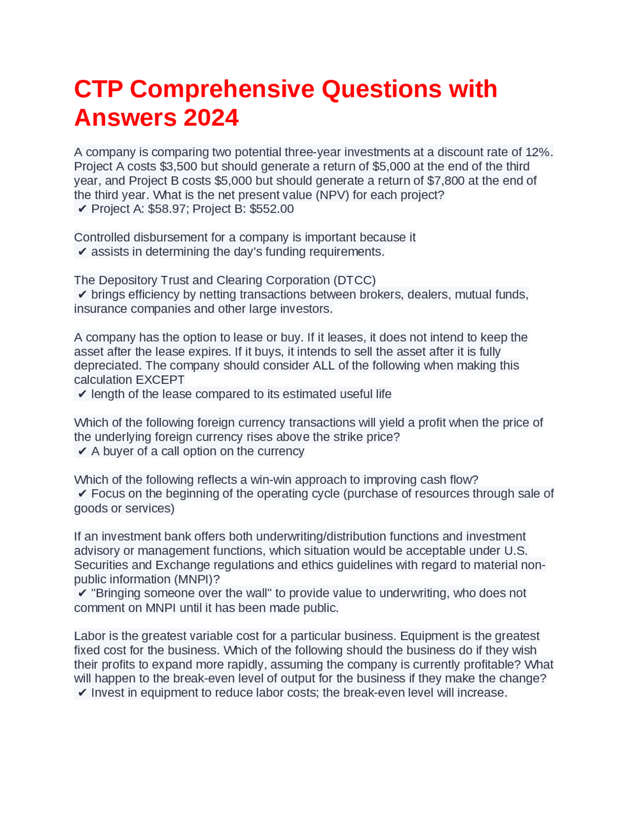CTP Comprehensive Questions with Answers 2024 | Exams Finance | Docsity