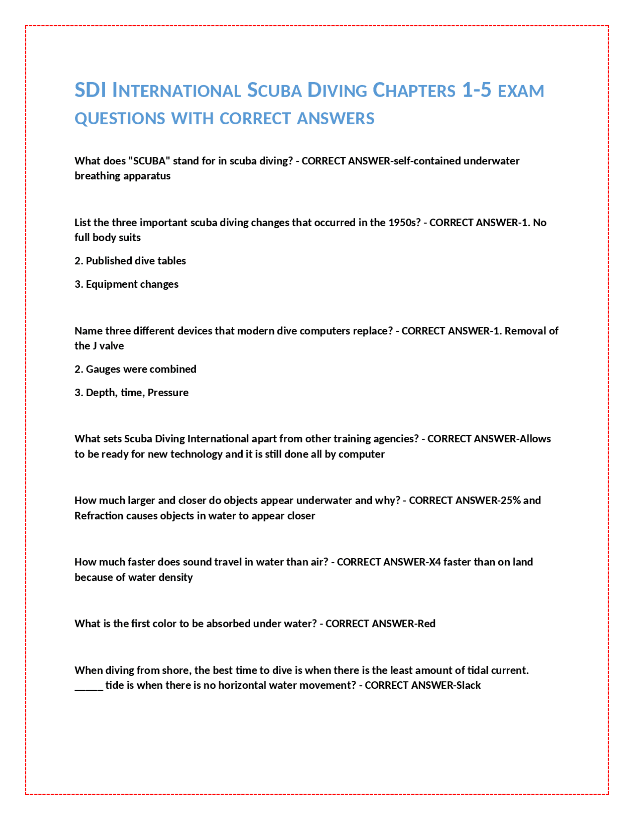 SDI INTERNATIONAL SCUBA DIVING CHAPTERS 1-5 EXAM QUESTIONS WITH CORRECT ...