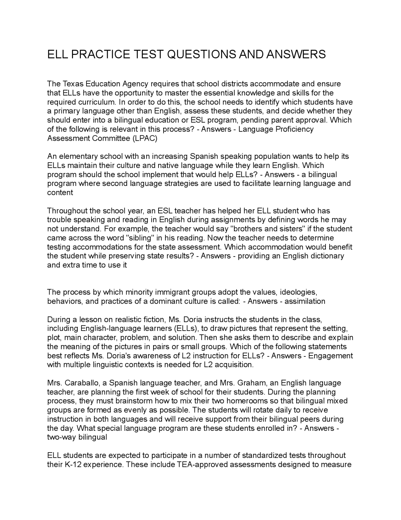 ELL PRACTICE TEST QUESTIONS AND ANSWERS | Exams Social Sciences | Docsity