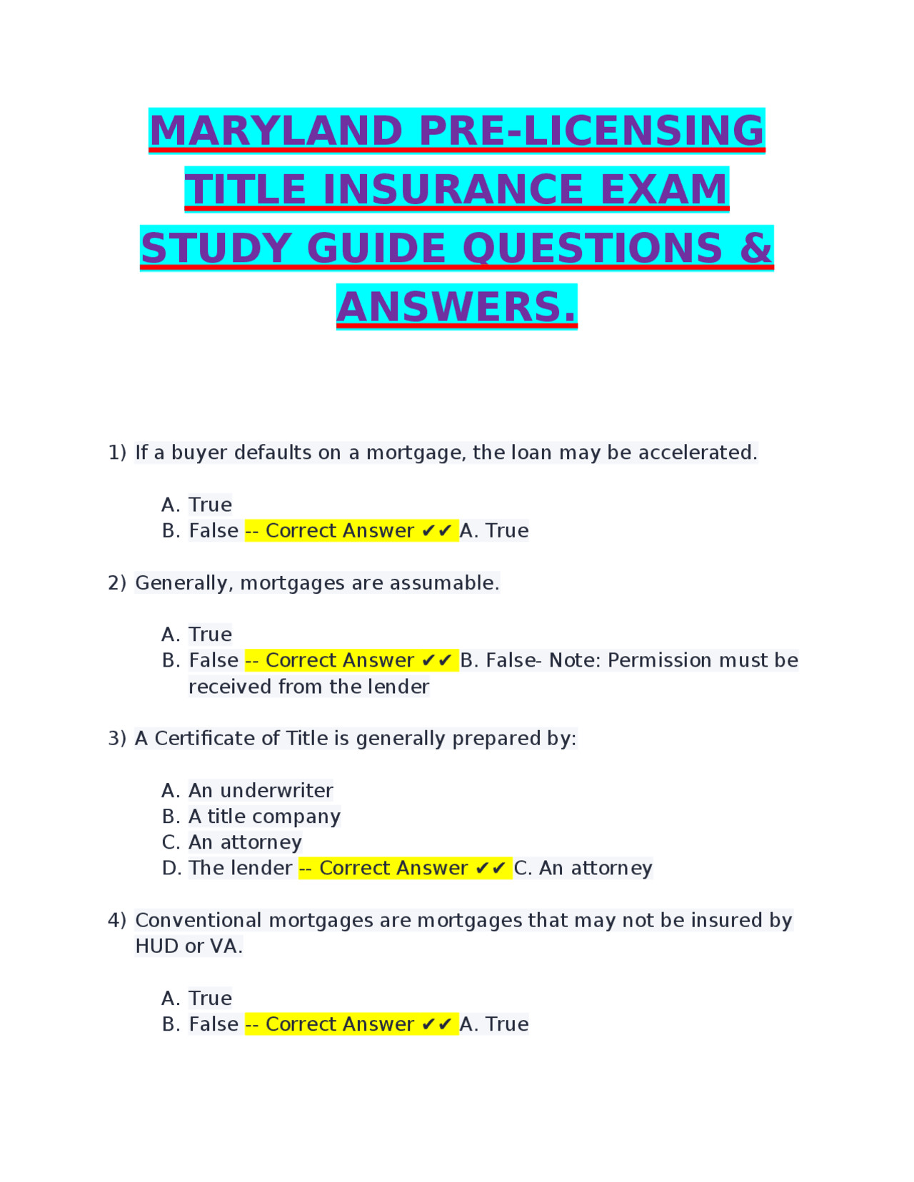 Maryland Pre-Licensing Title Insurance Exam Study Guide | Exams ...
