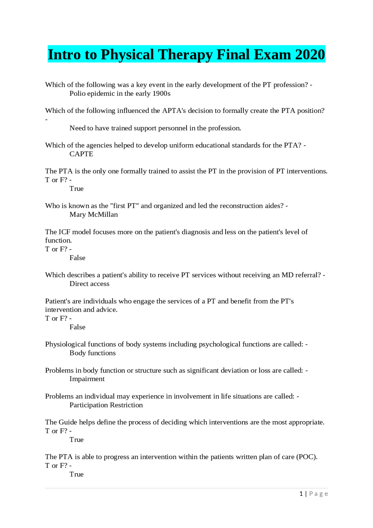 Intro to Physical Therapy Final Exam 2020: Questions and Answers | Exams Medicine | Docsity