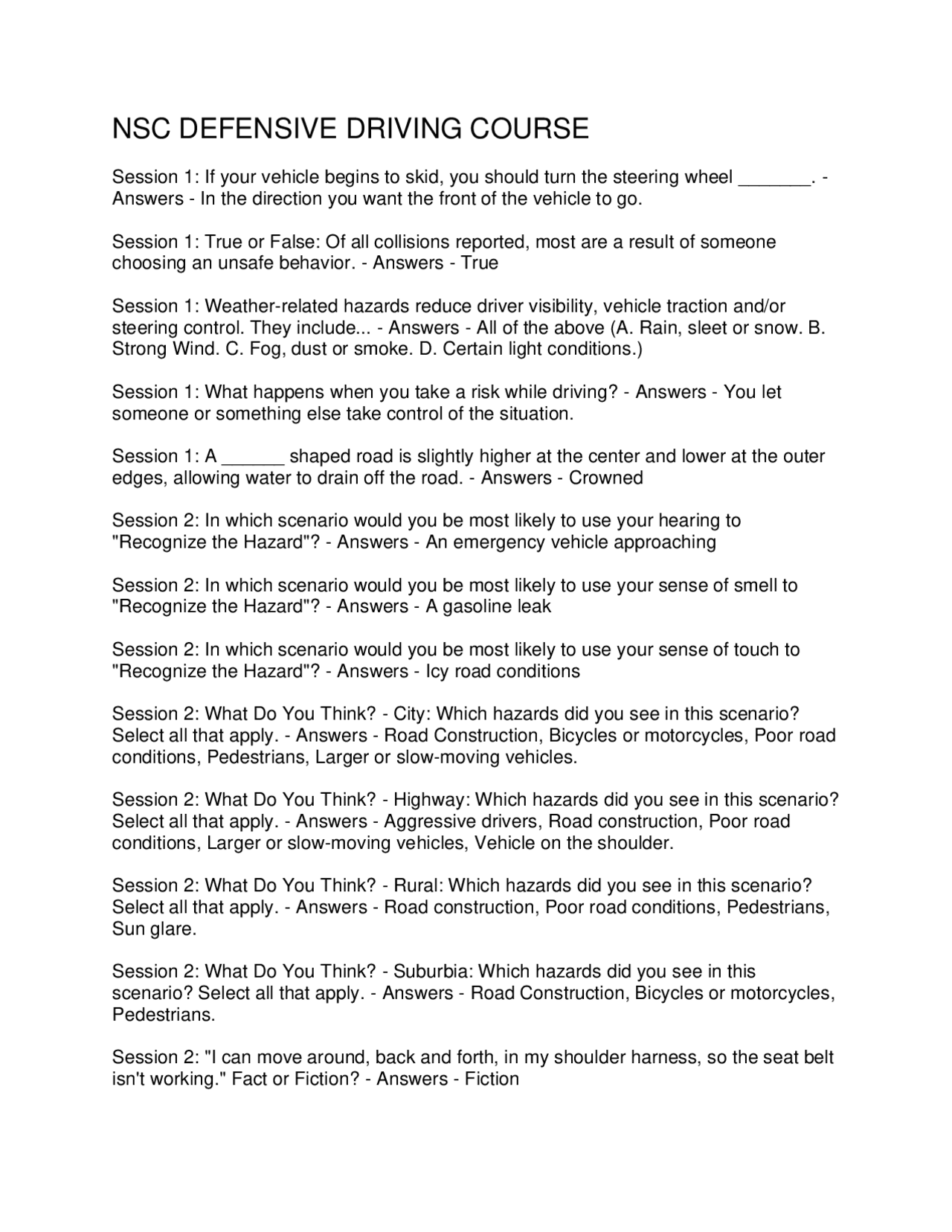 NSC DEFENSIVE DRIVING COURSE QUESTIONS | Exams Social Sciences | Docsity