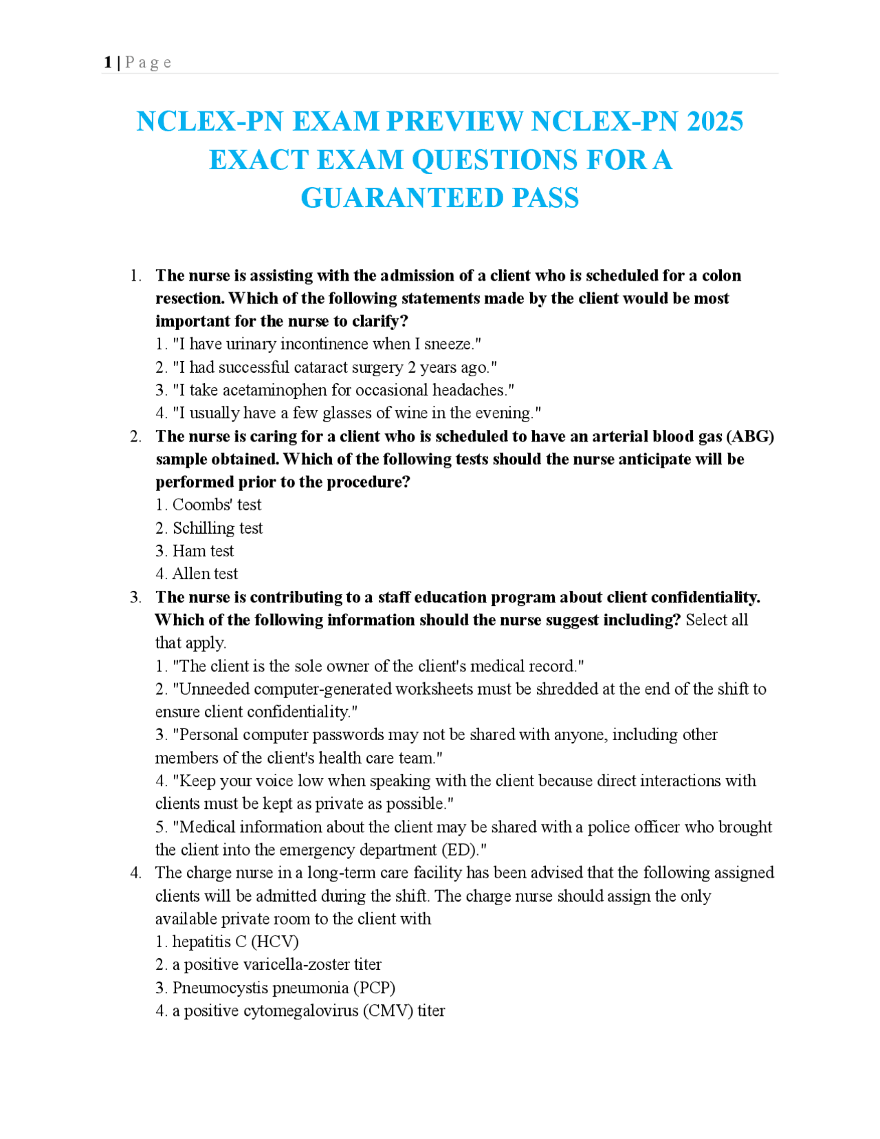 NCLEX-PN EXAM PREVIEW NCLEX-PN 2025 EXACT EXAM QUESTIONS AND ANSWERS ...