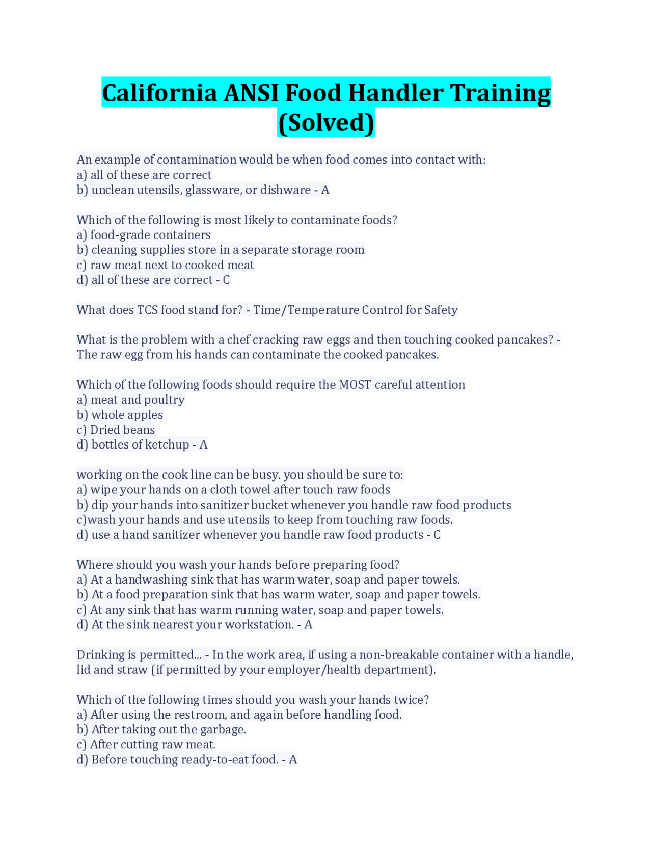 Food Safety Quiz: Multiple Choice Questions and Answers | Exams ...