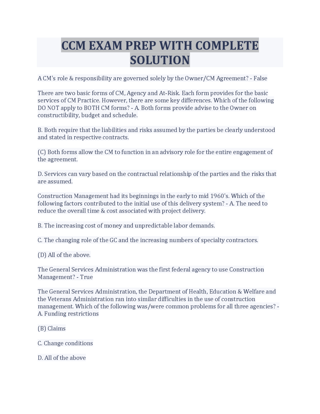 Construction Management Exam Preparation: Multiple Choice Questions and ...