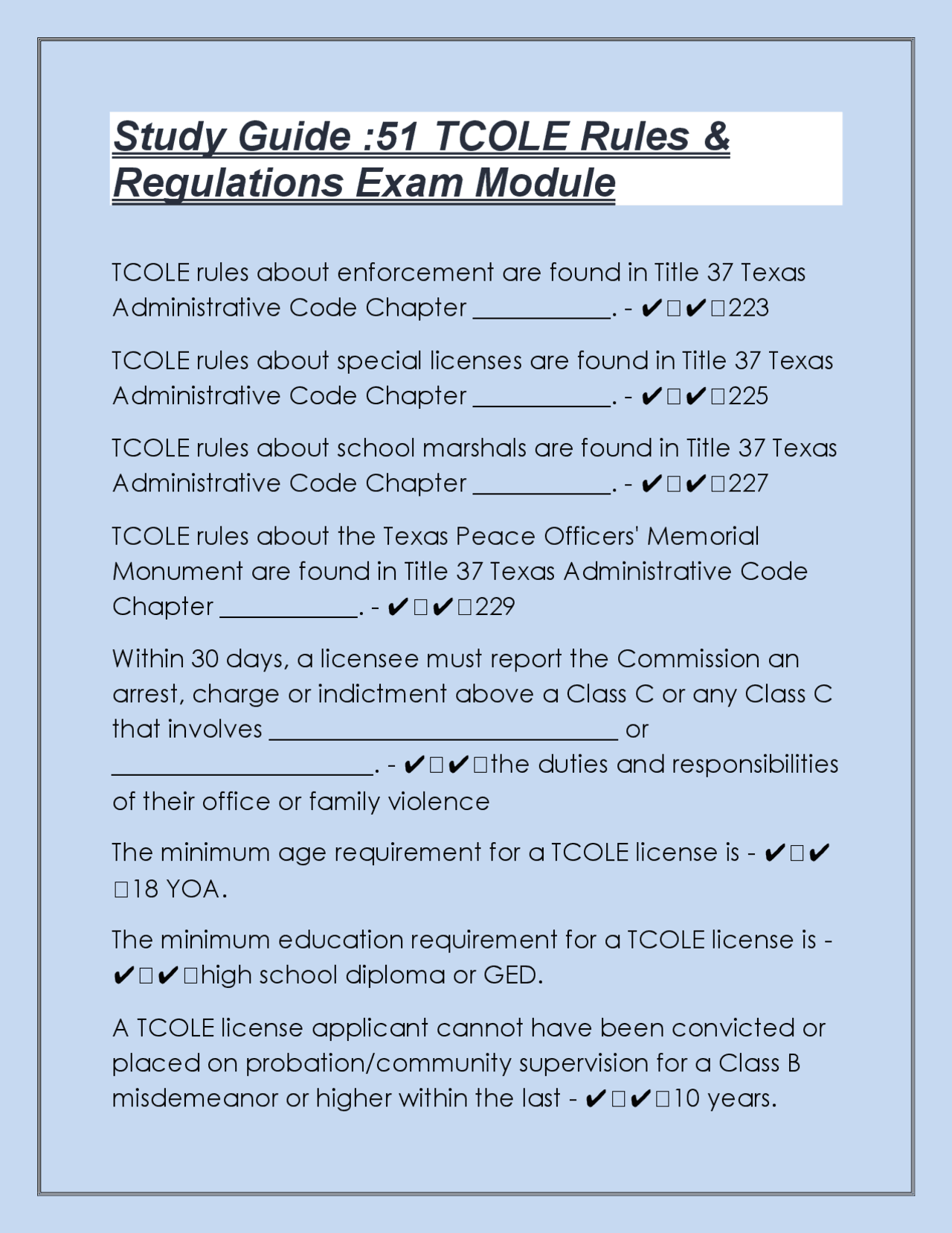TCOLE Rules and Regulations Study Guide: 51 Exam Module | Exams Law ...