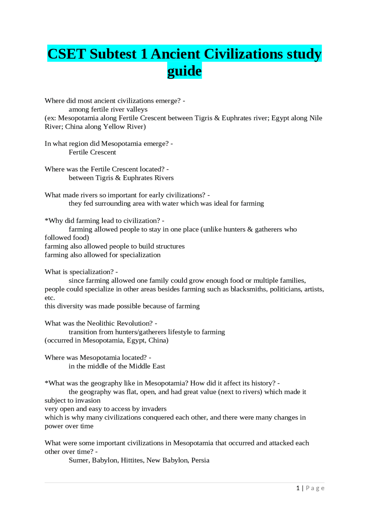 Ancient Civilizations Study Guide: Mesopotamia, Egypt, and the Fertile ...