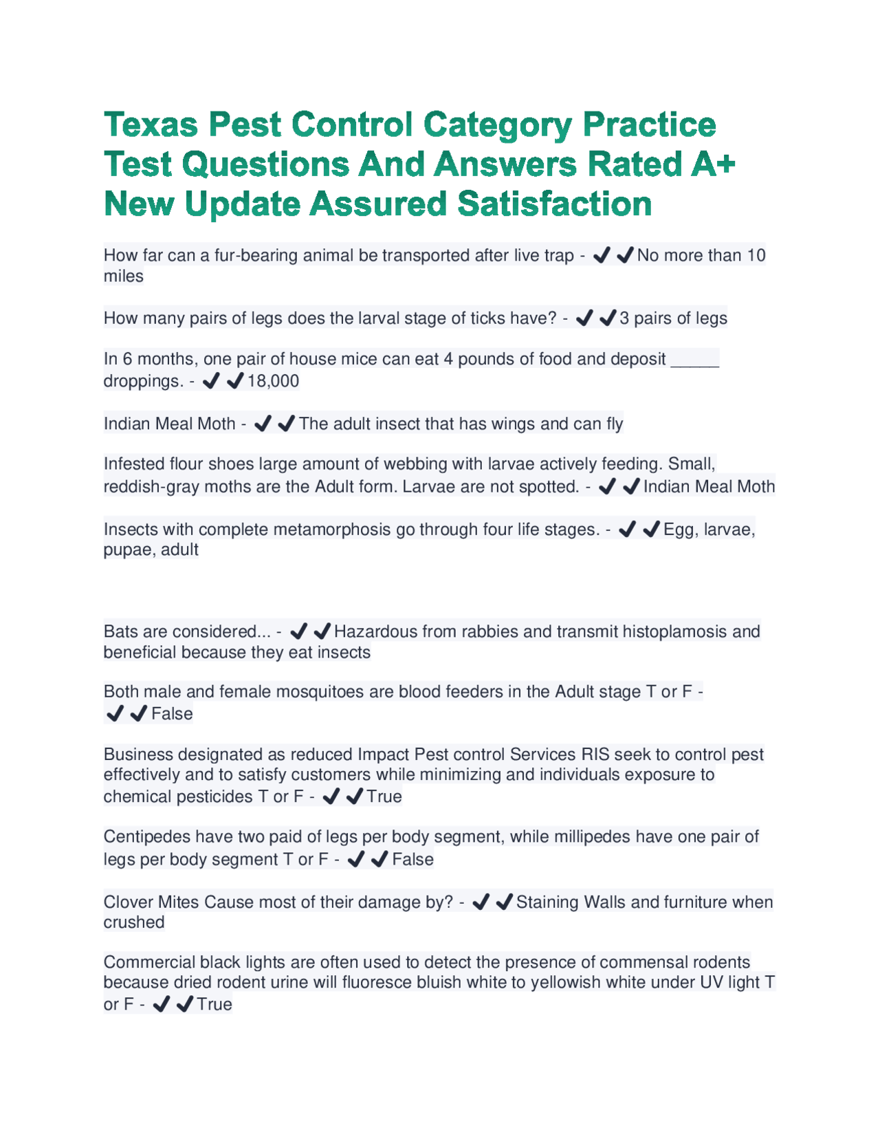 Texas Pest Control Category Practice Test Questions And Answers Rated ...