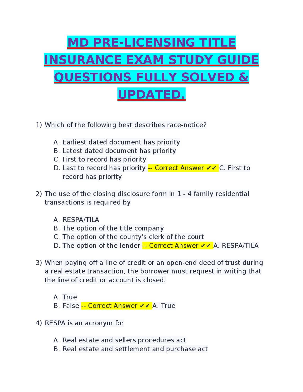 MD PRE-LICENSING TITLE INSURANCE EXAM STUDY GUIDE QUESTIONS FULLY SOLVED & UPDATED. | Exams ...