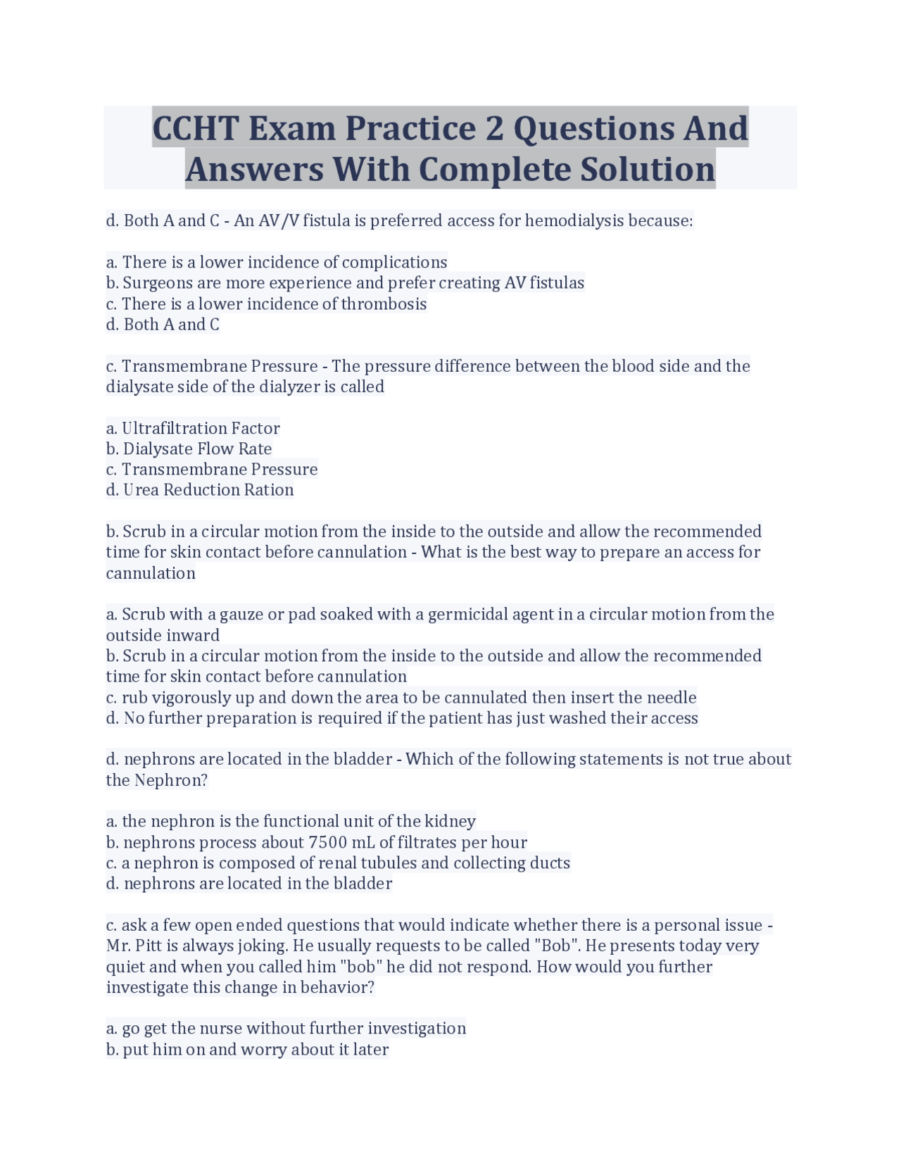 CCHT Exam Practice Questions and Answers: Hemodialysis | Exams Health ...