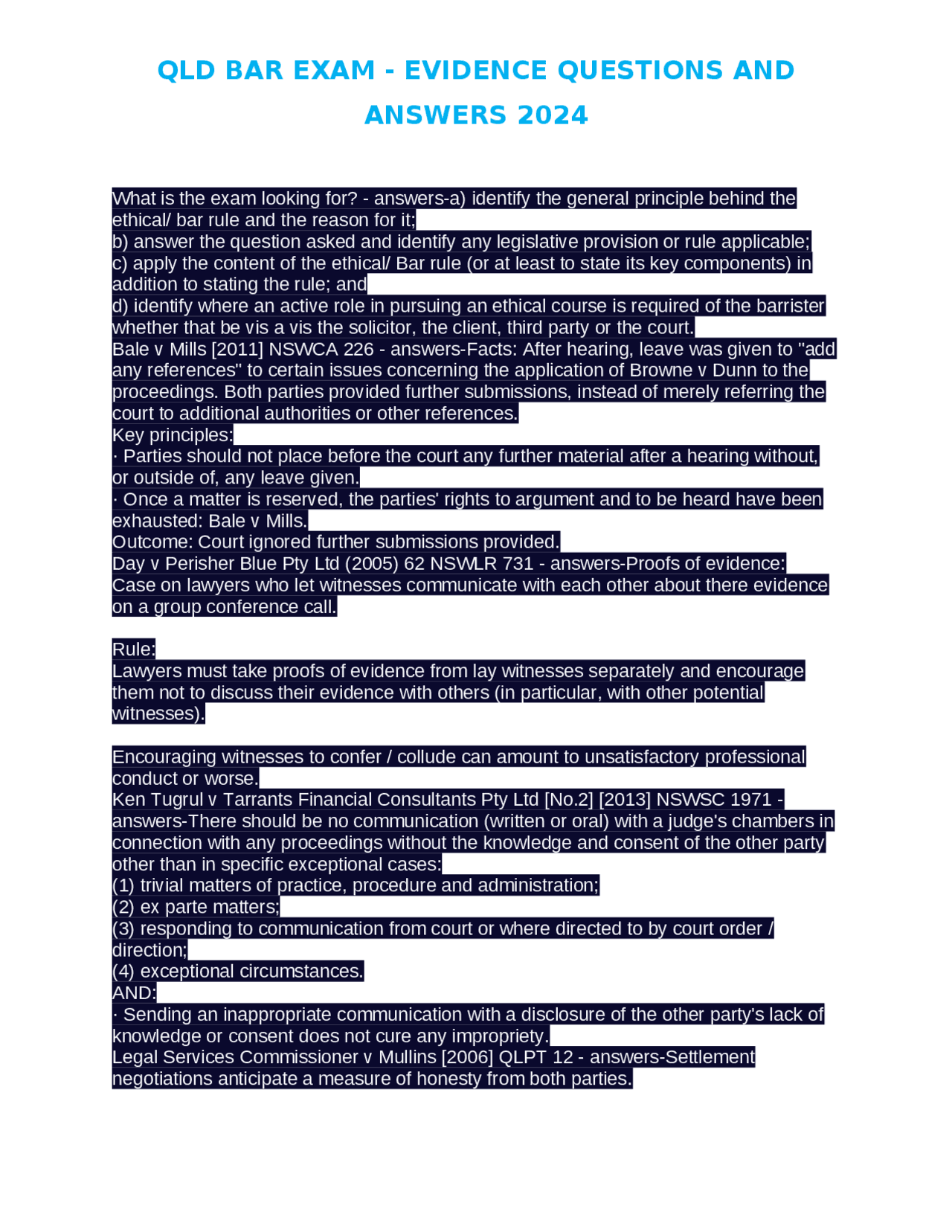 QLD Bar Exam - Evidence Questions and Answers 2024: A Comprehensive ...