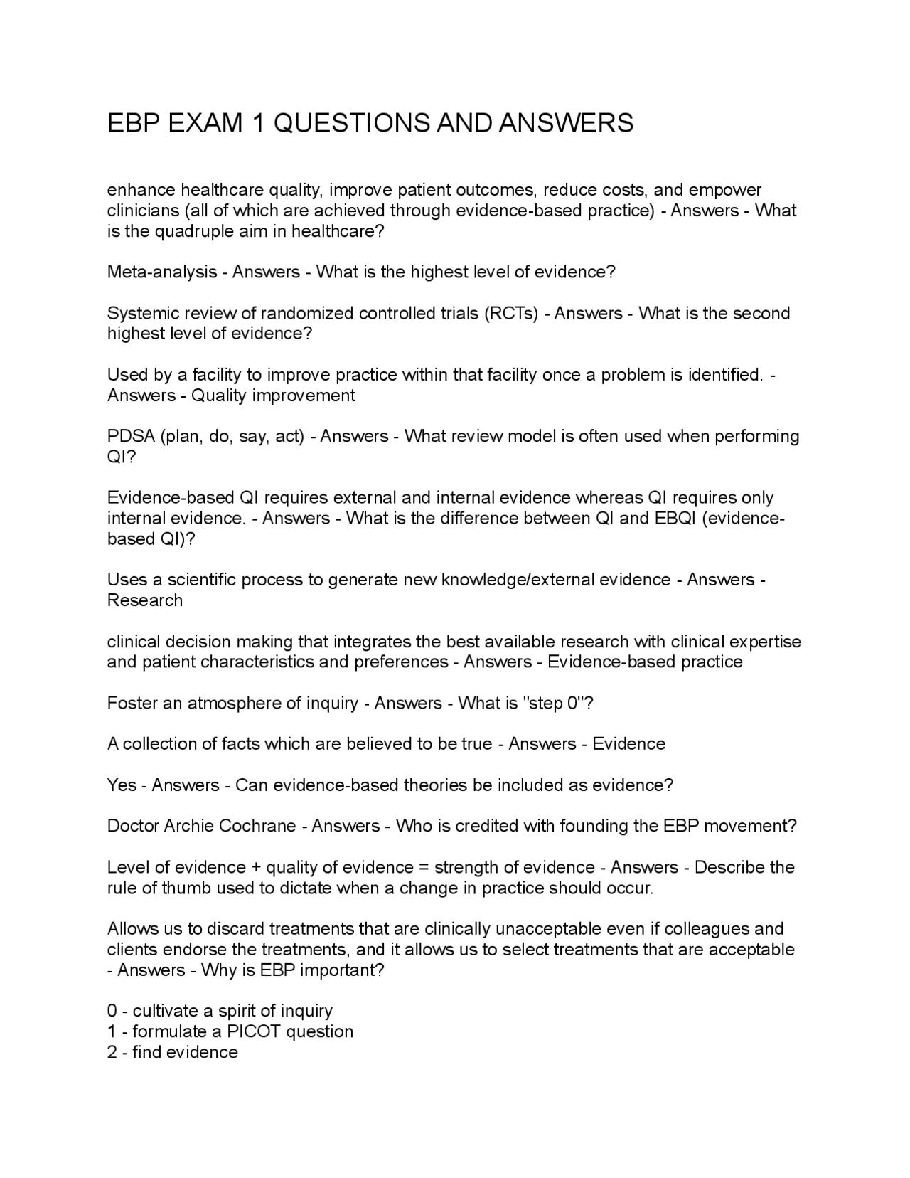 Evidence-Based Practice (EBP) Exam 1 Questions and Answers | Exams ...