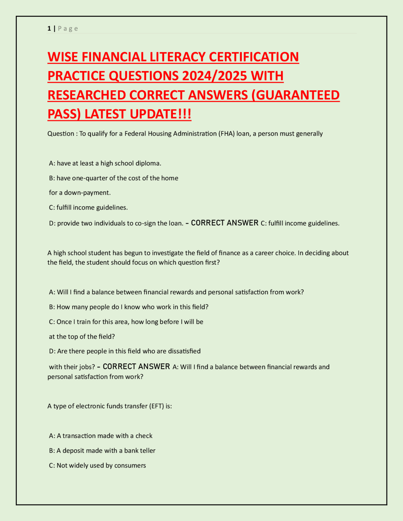 Financial Literacy Certification Practice Questions: 2024/2025 Edition ...