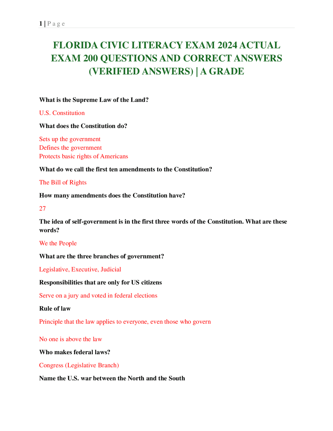 FLORIDA CIVIC LITERACY EXAM 2024 ACTUAL EXAM 200 QUESTIONS AND CORRECT ...